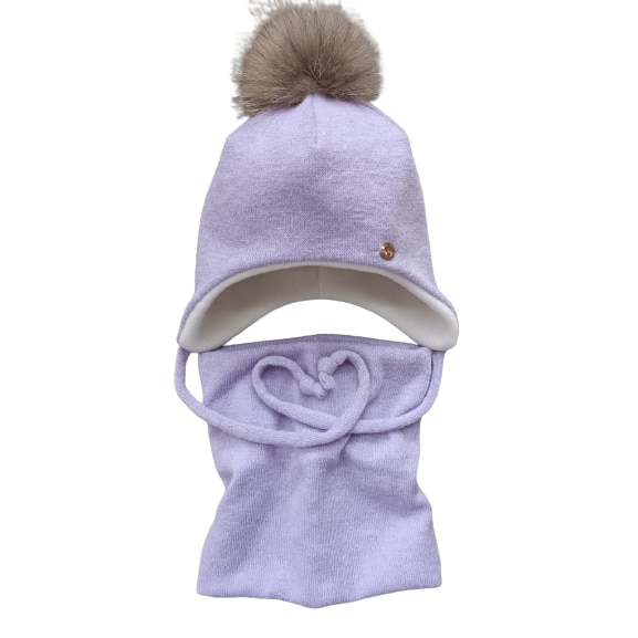 Set caciula si fular copii, handmade, blana naturala, mov deschis maro ...