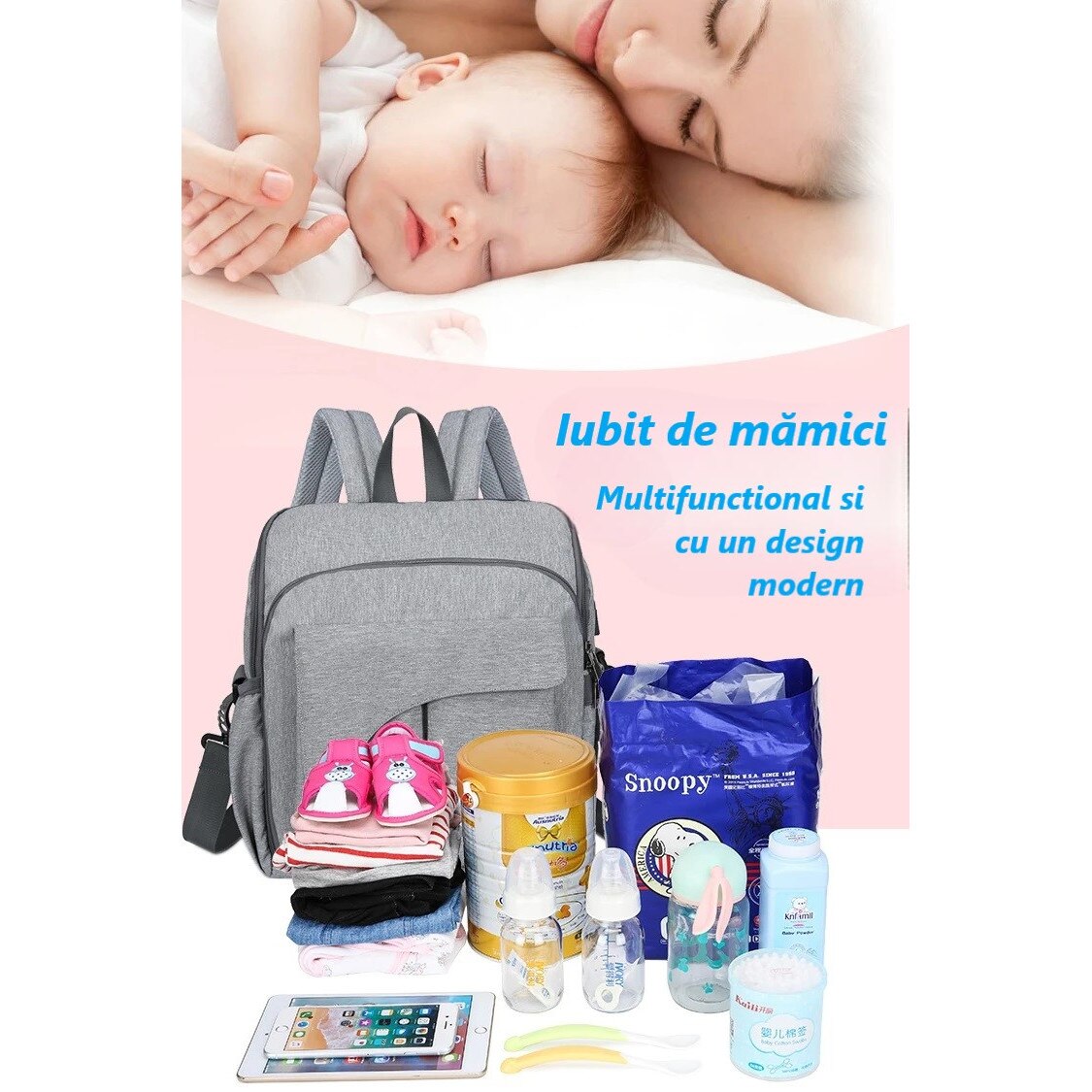 Ghiozdan multifunctional pentru mamici cu spatii mari de depozitare si ...