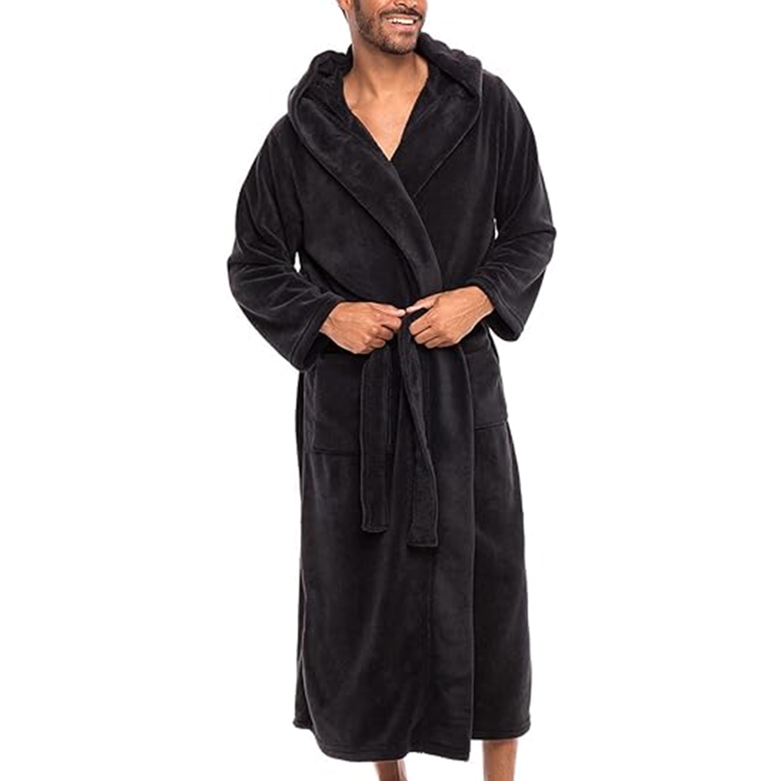 Halat de baie pentru barbati cu gluga, buzunare si curea de talie ...