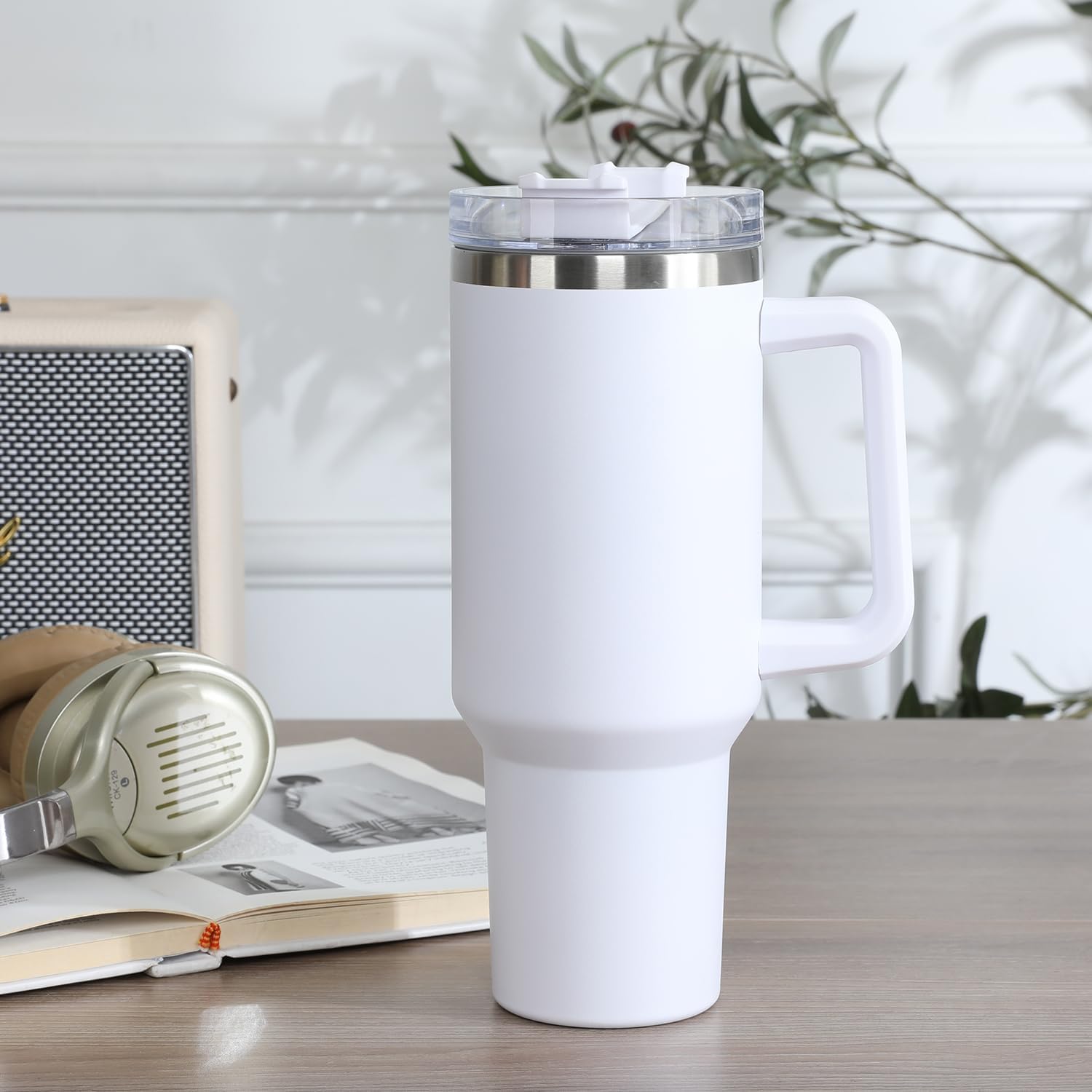 Термос чаша, WALALLA, Неръждаема стомана, Със сламка, 1200 мл, Бяла ...