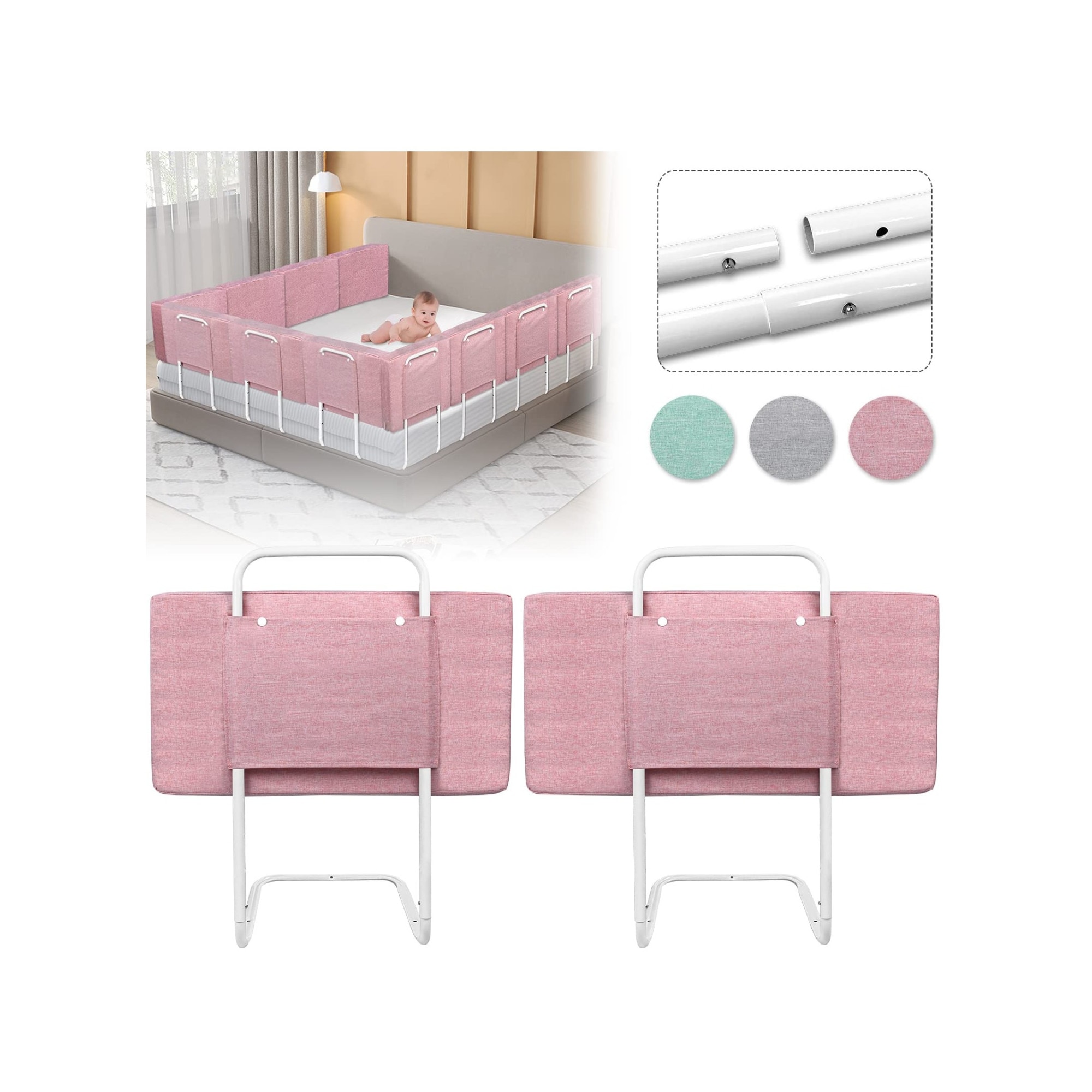 Protectie pat pentru copii, WALALLA, Otel/Textil, Inaltime ajustabila ...