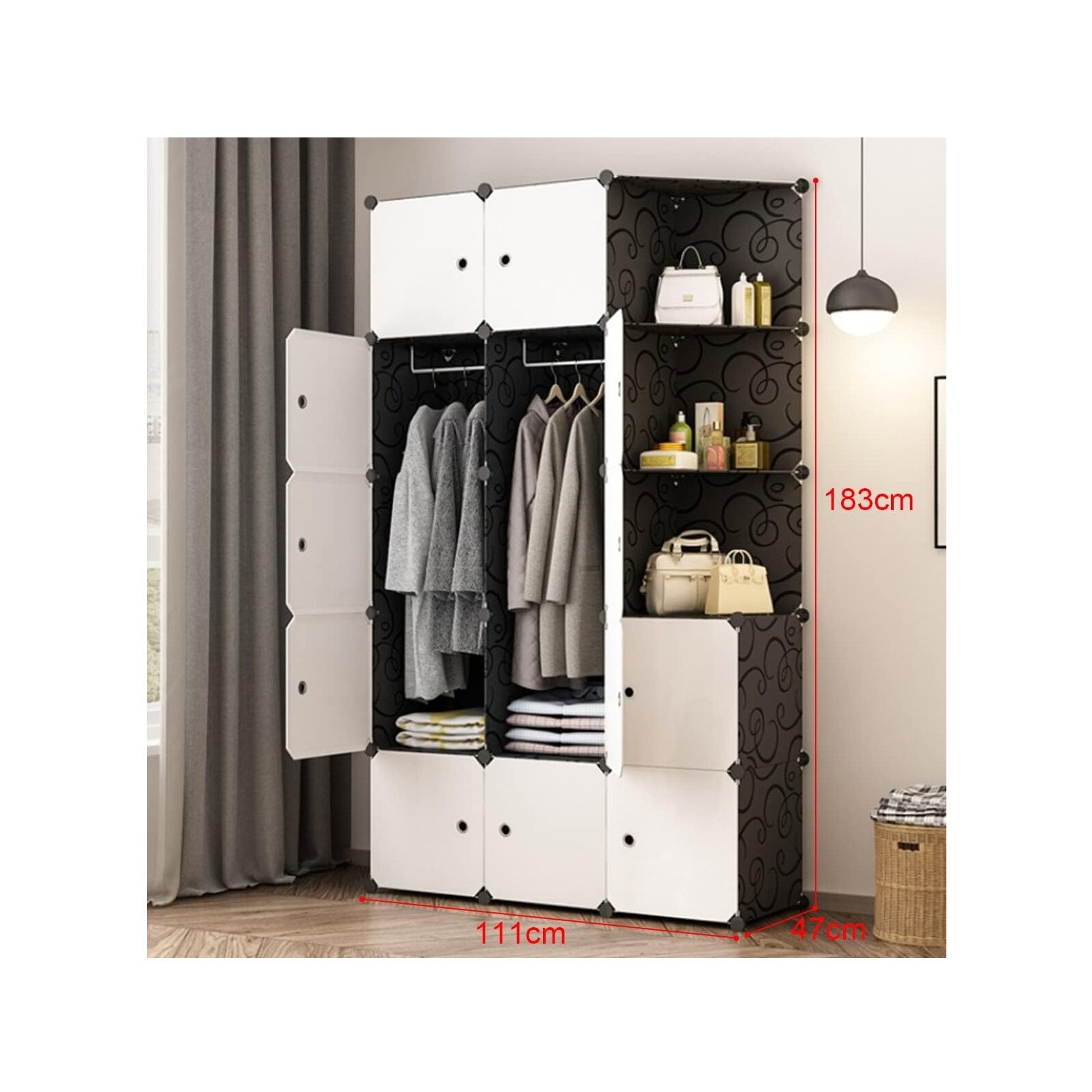 Dulap modular, WALALLA, Plastic/Otel, 111x47x183 cm, Alb/Negru - eMAG.ro