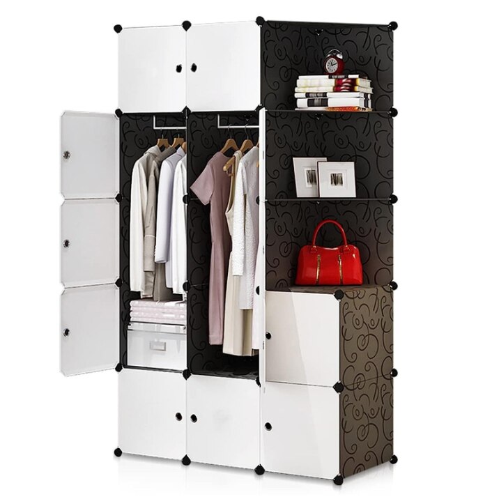 Dulap modular, WALALLA, Plastic/Otel, 111x47x183 cm, Alb/Negru - eMAG.ro