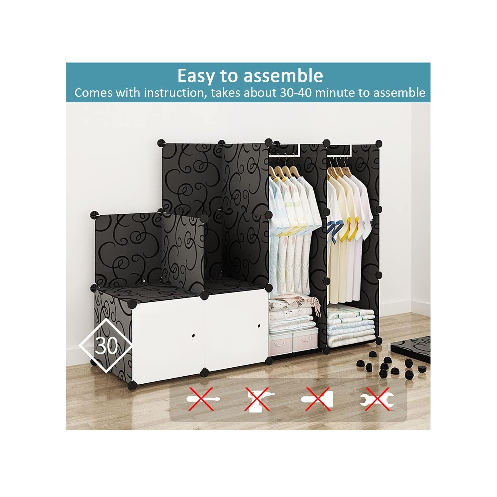 Dulap modular, WALALLA, Plastic/Otel, 111x47x183 cm, Alb/Negru - eMAG.ro