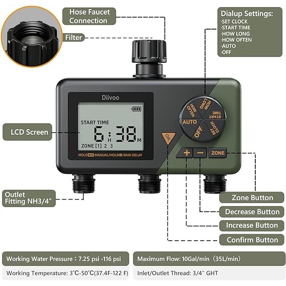 Programator pentru Stropitore cu 3 Zone Diivoo, Programabil cu 3 Iesiri ...