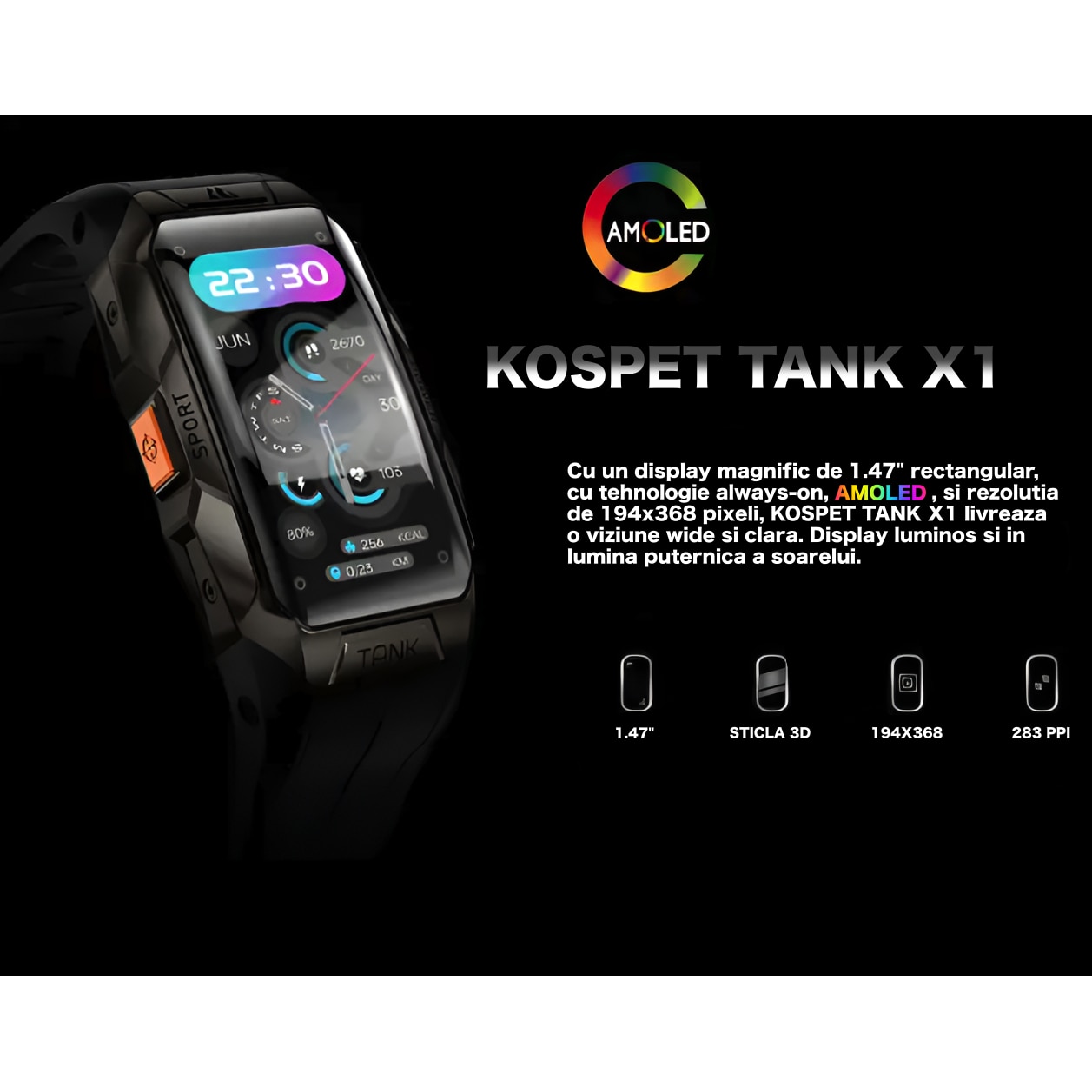 ZennYra Tank X1 Kospet Smartwatch, нов дизайн 1,47-инчов Amoled ...