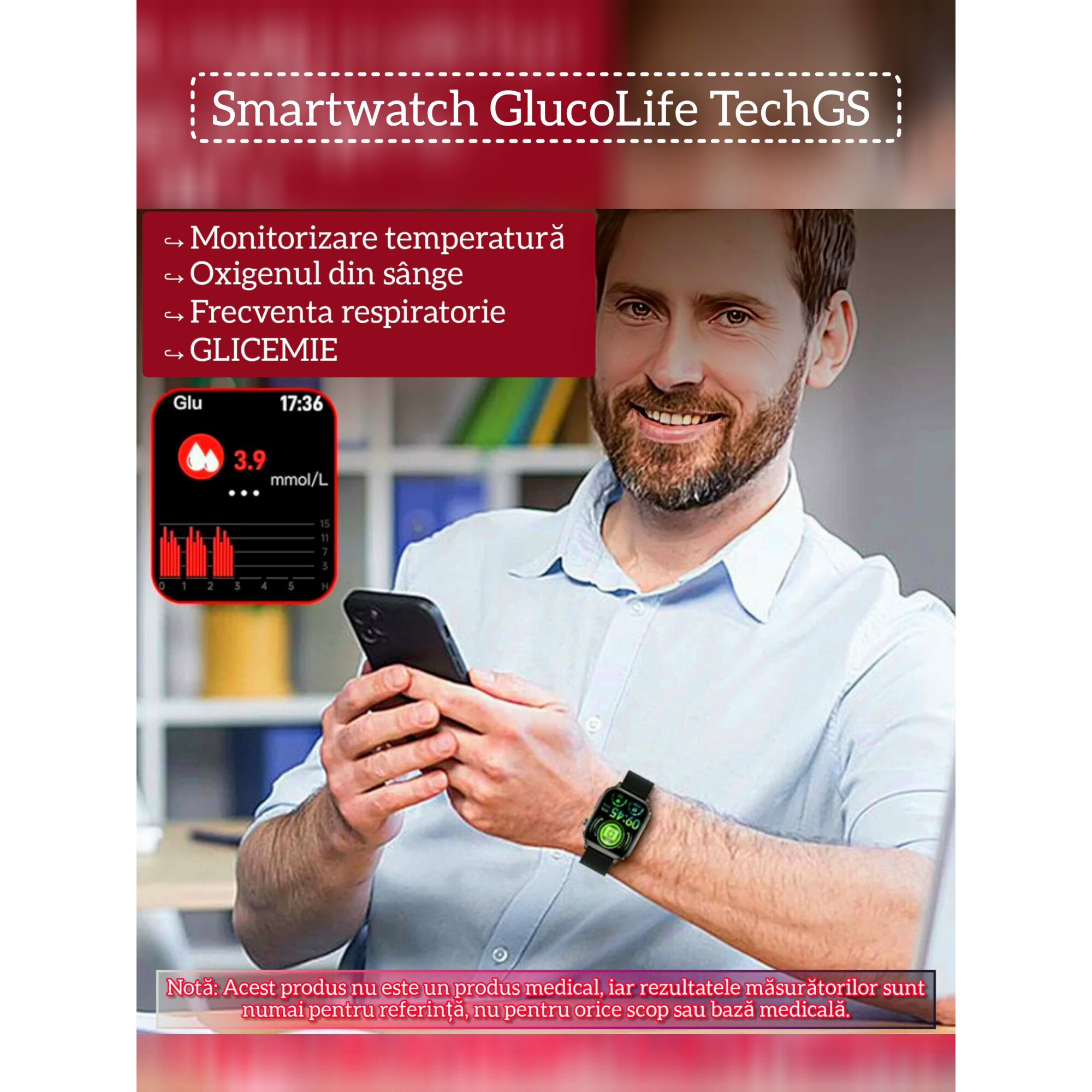Ceas smartwatch GlucoLife TechGS®, 1.7 inchi HD Color, Monitorizare ...