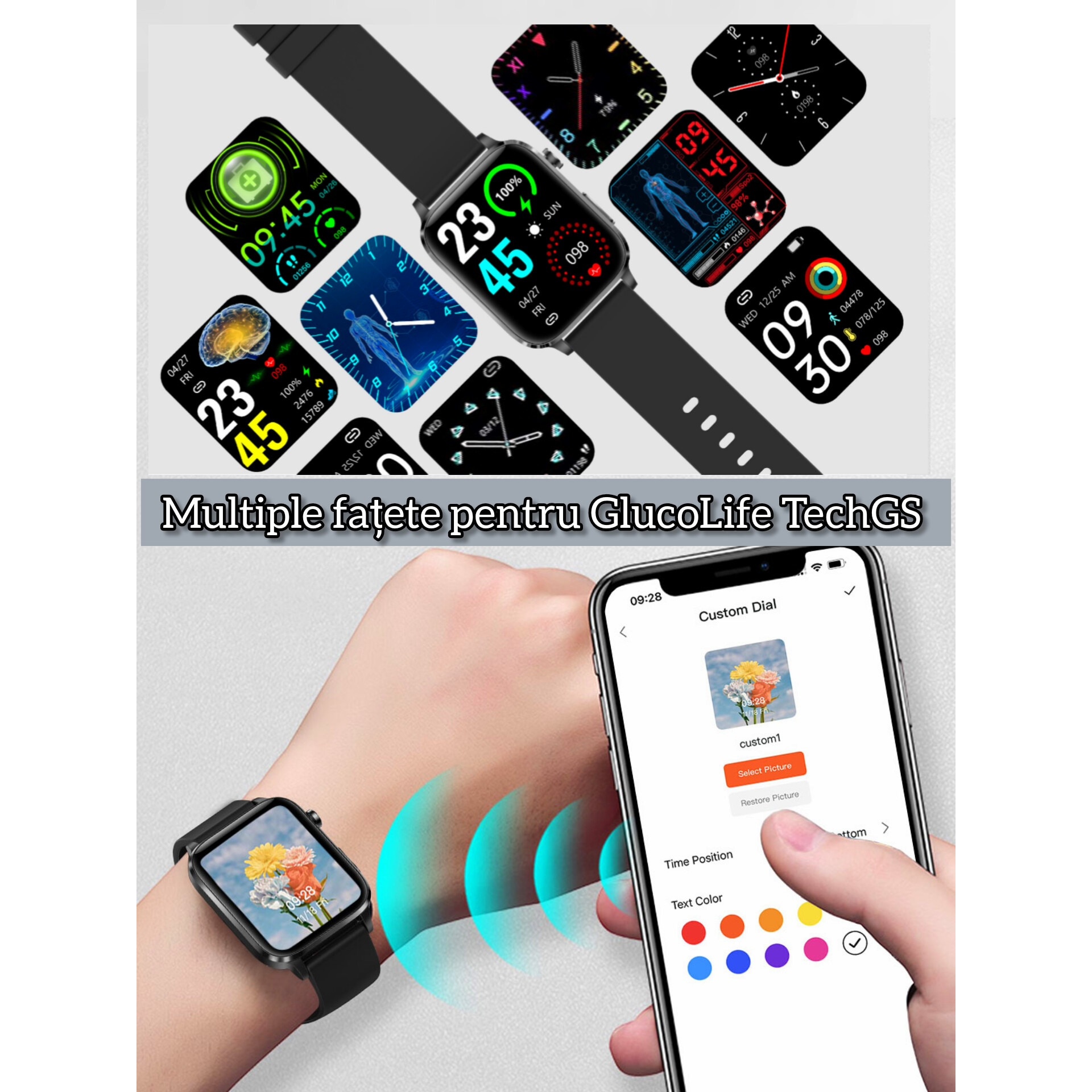 Ceas smartwatch GlucoLife TechGS®, 1.7 inchi HD Color, Monitorizare ...