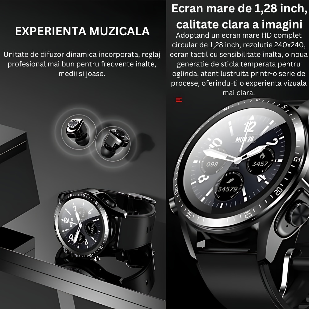 Ceas SmartWatch 2 in 1 cu casti Bluetooth TWS 5.0 incorporate ...