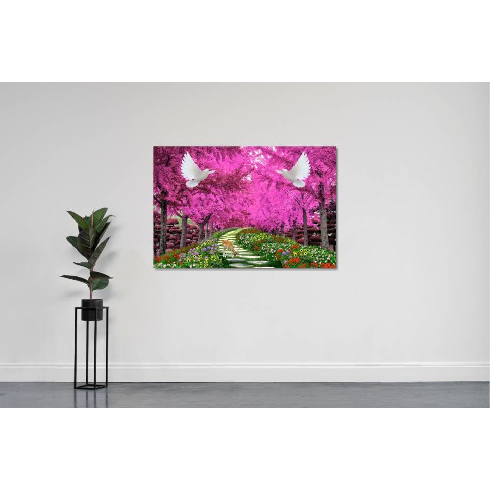 Fototapet autoadeziv PVC - Drum Prin Gradina Cu Copaci Roz, 120 x 200 ...