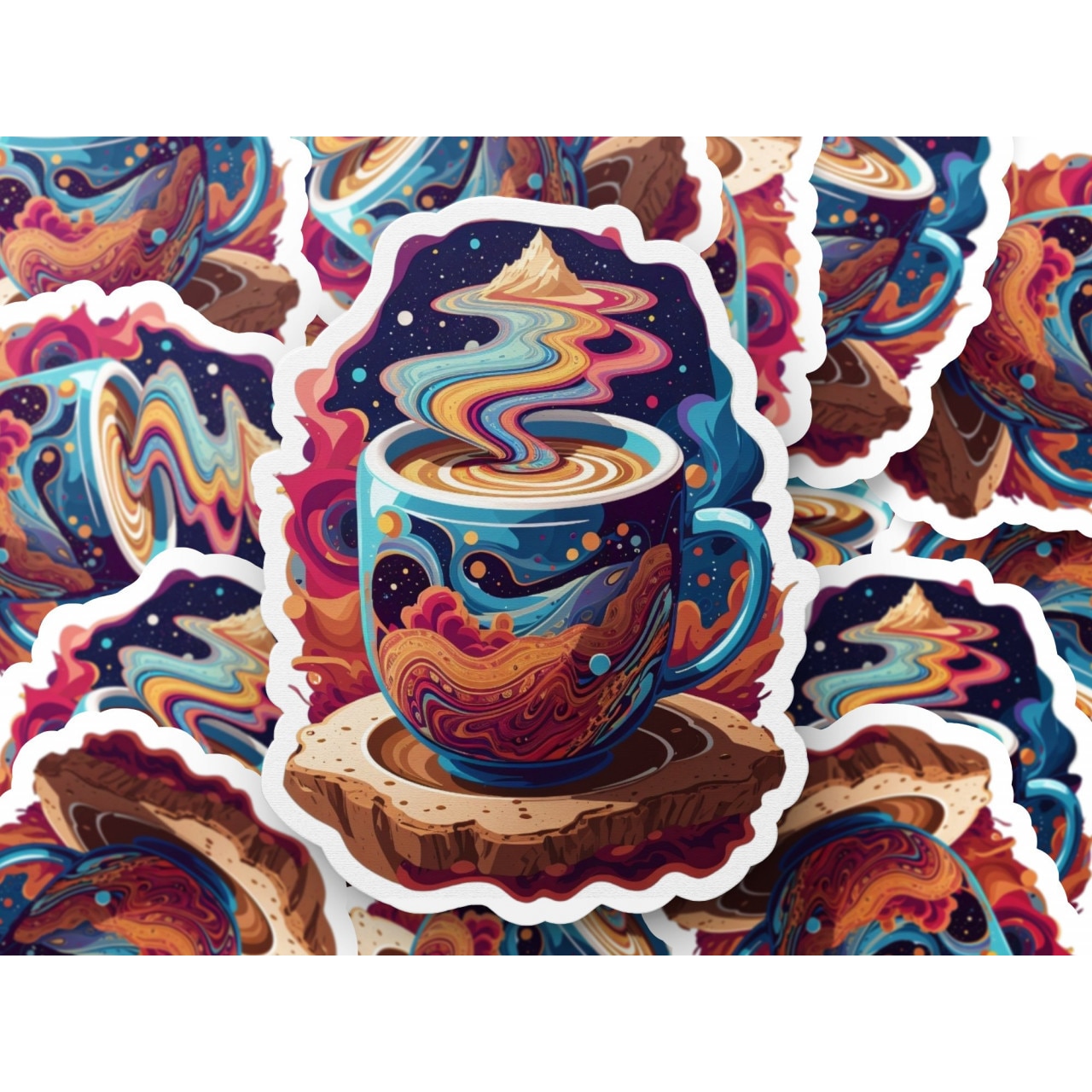 Set 3 bucati, Sticker decorativ, Cana de cafea cu abur curcubeu ...