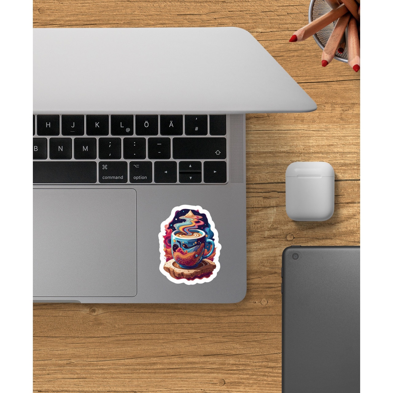 Set 3 bucati, Sticker decorativ, Cana de cafea cu abur curcubeu ...