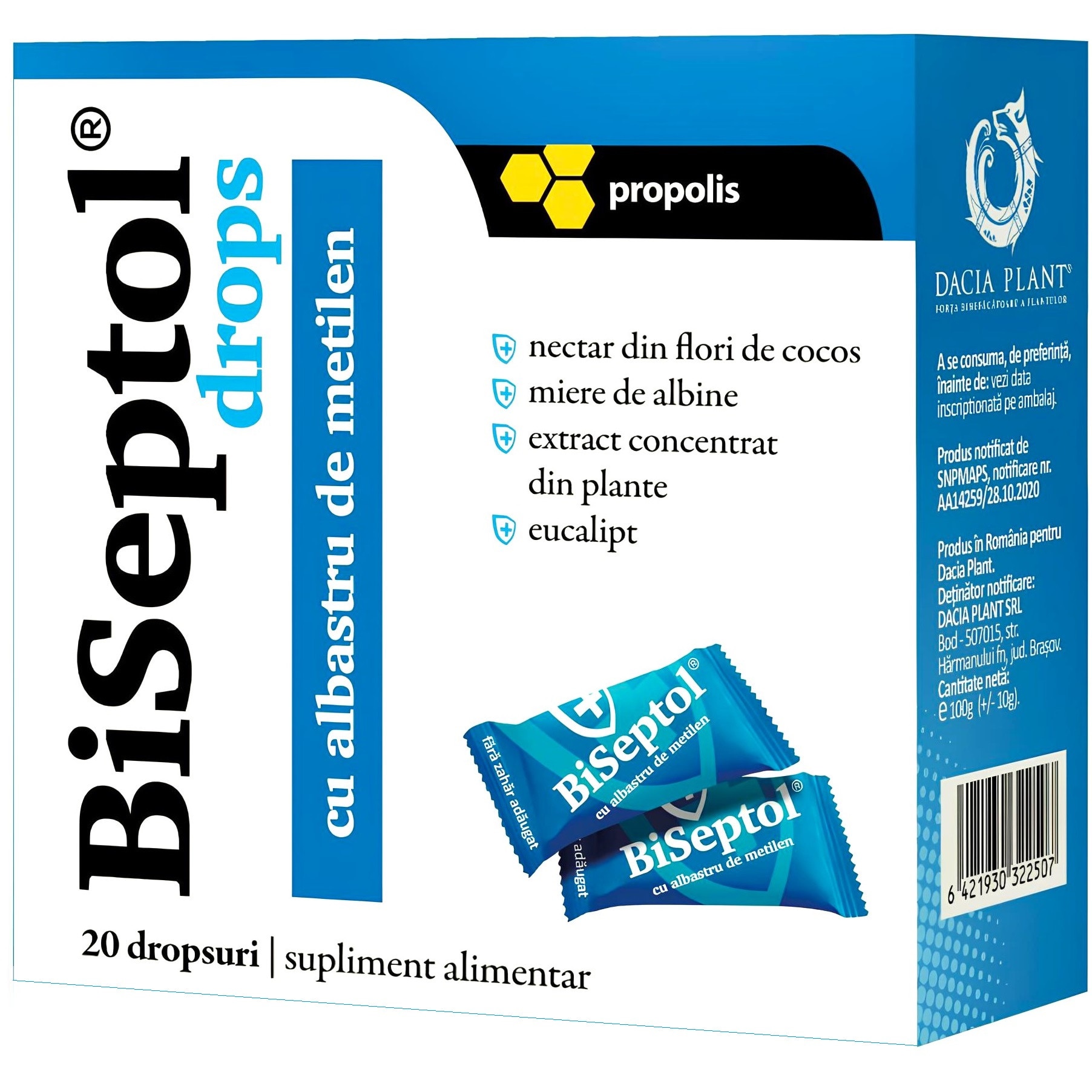 Dropsuri BiSeptol cu propolis, albastru metilen, miere, echinacea si ...