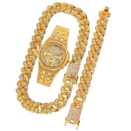 Set Ceas analog Iced out, bratara si lant Cuban Chain, 19mm, mecanism ...