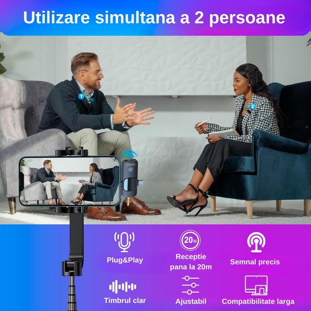Set 2 microfoane profesionale lavaliera, Exaltus®, USB C, 3.5 Jack ...