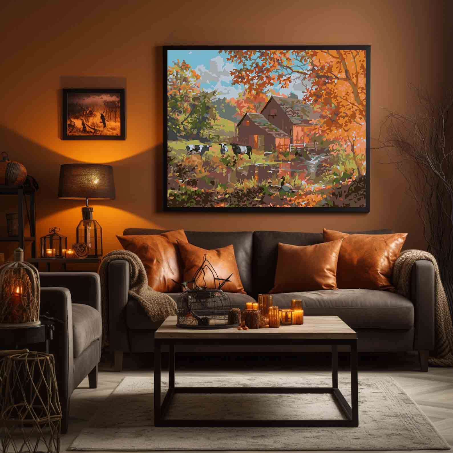 Set pictura pe numere Peisaj de toamna 3707, panza bumbac pe rama lemn ...