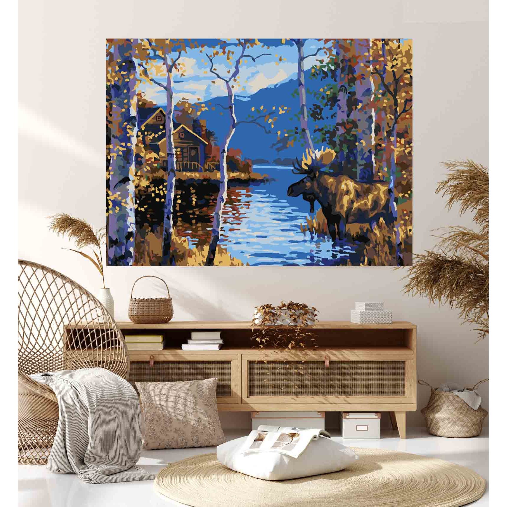 Set pictura pe numere Peisaj de toamna cu lac 3709, panza bumbac pe ...