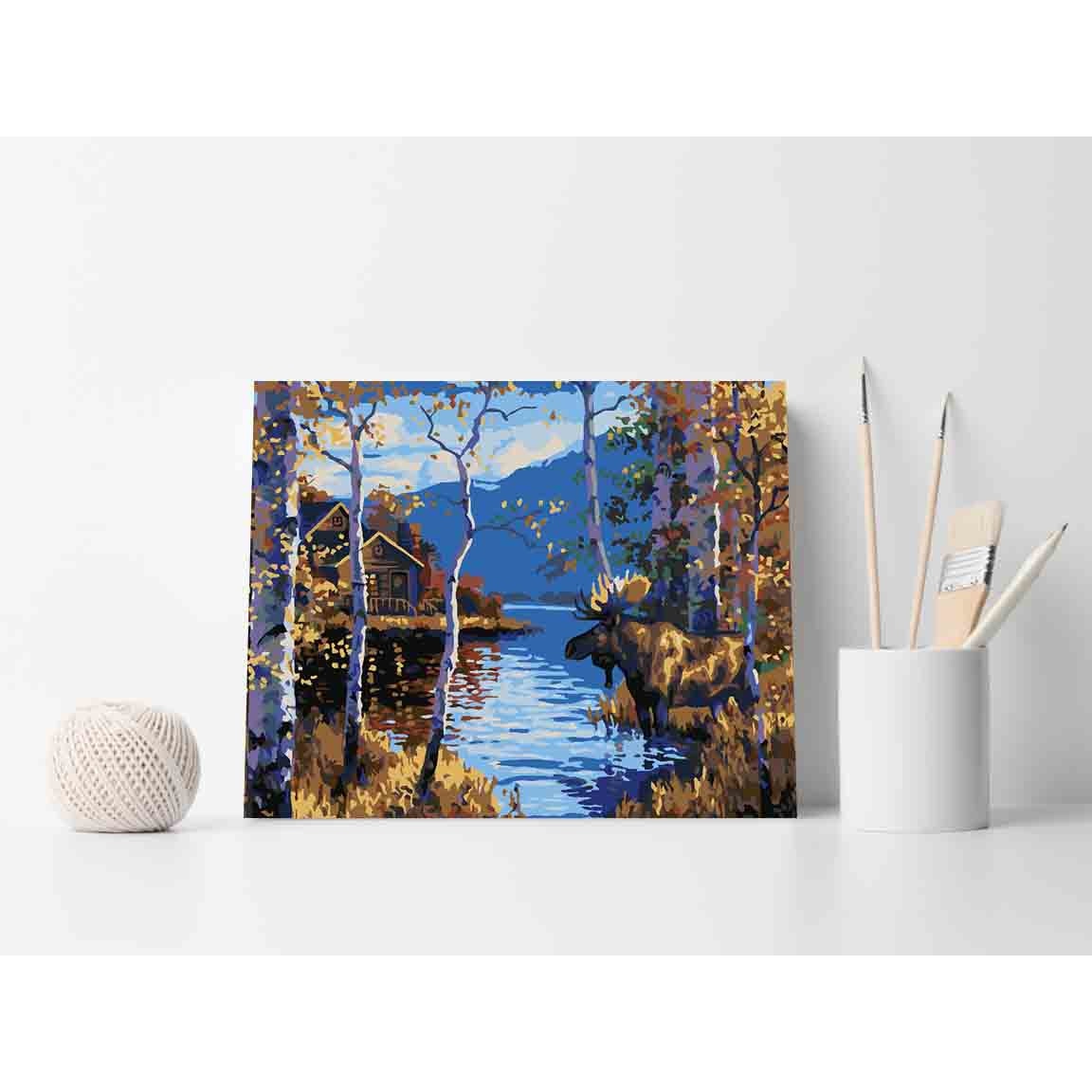 Set pictura pe numere Peisaj de toamna cu lac 3709, panza bumbac pe ...