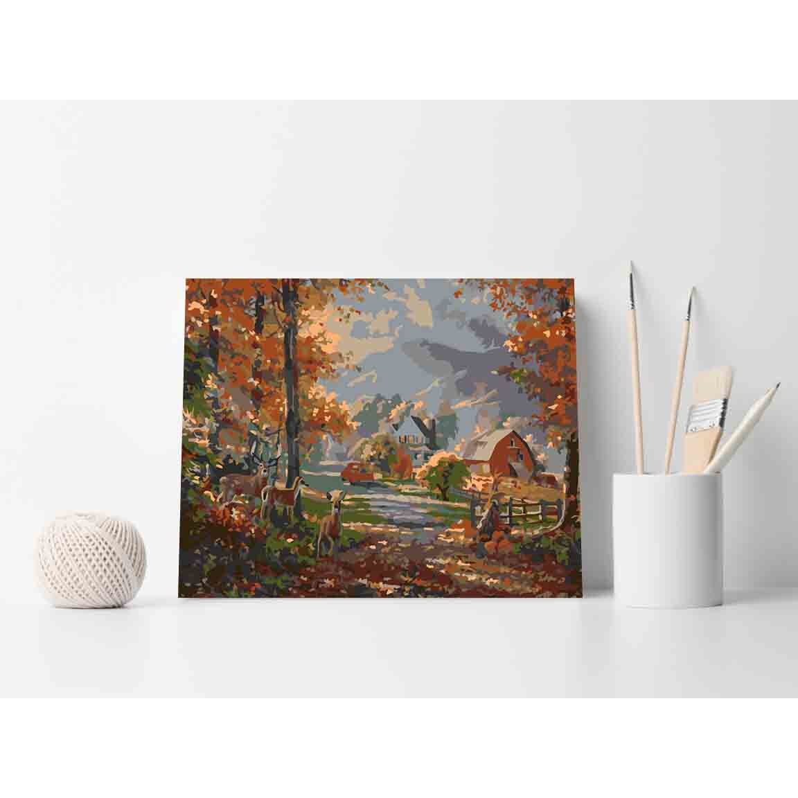 Set pictura pe numere Peisaj de toamna 3711, panza bumbac pe rama lemn ...