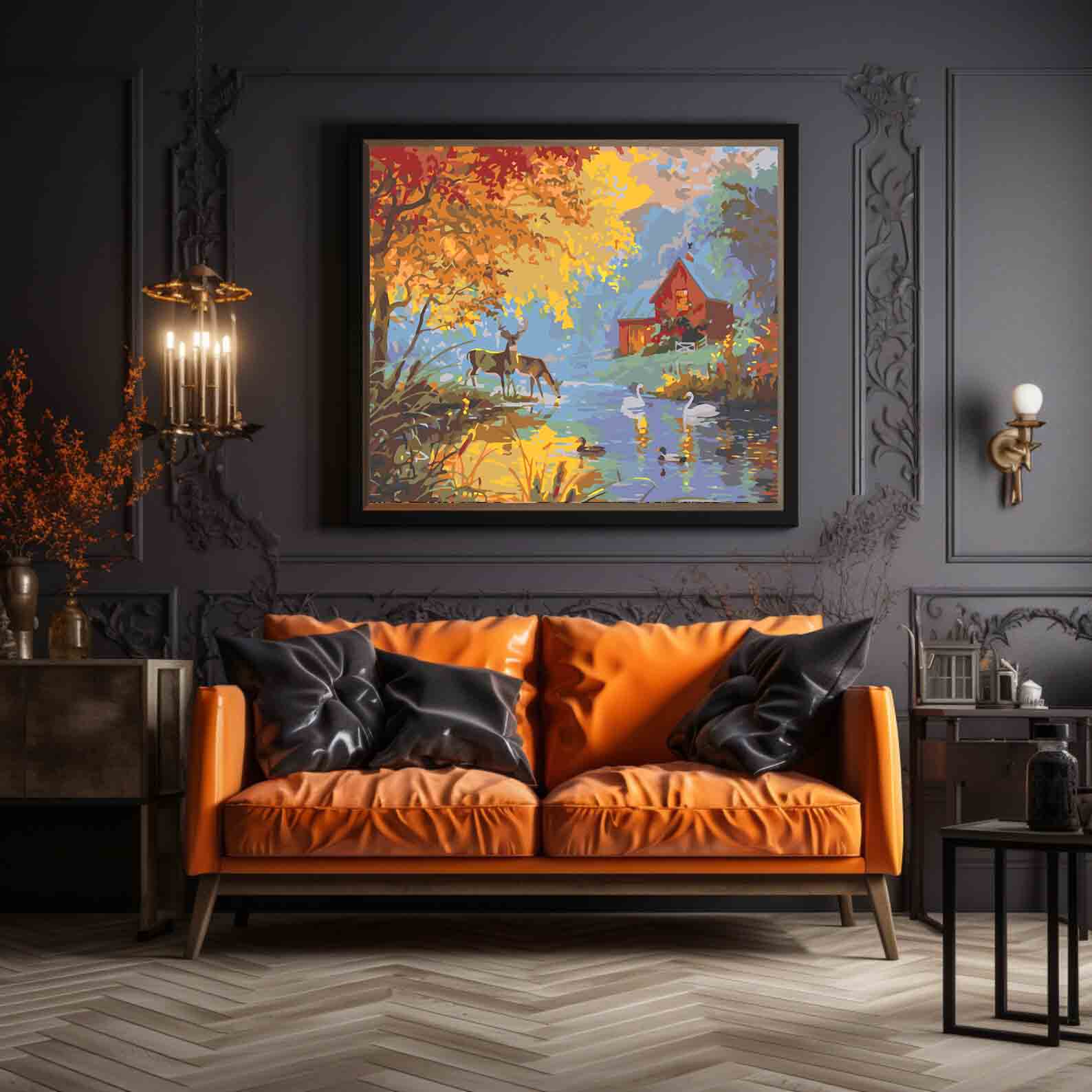 Set pictura pe numere Peisaj de toamna cu caprioare 3712, panza bumbac ...