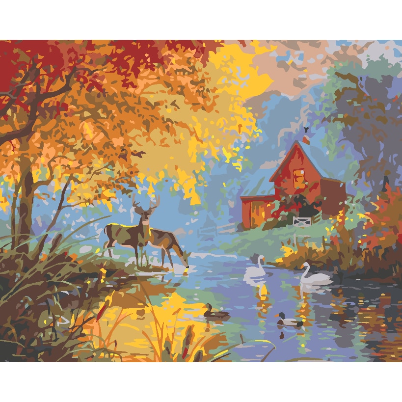 Set pictura pe numere Peisaj de toamna cu caprioare 3712, panza bumbac ...