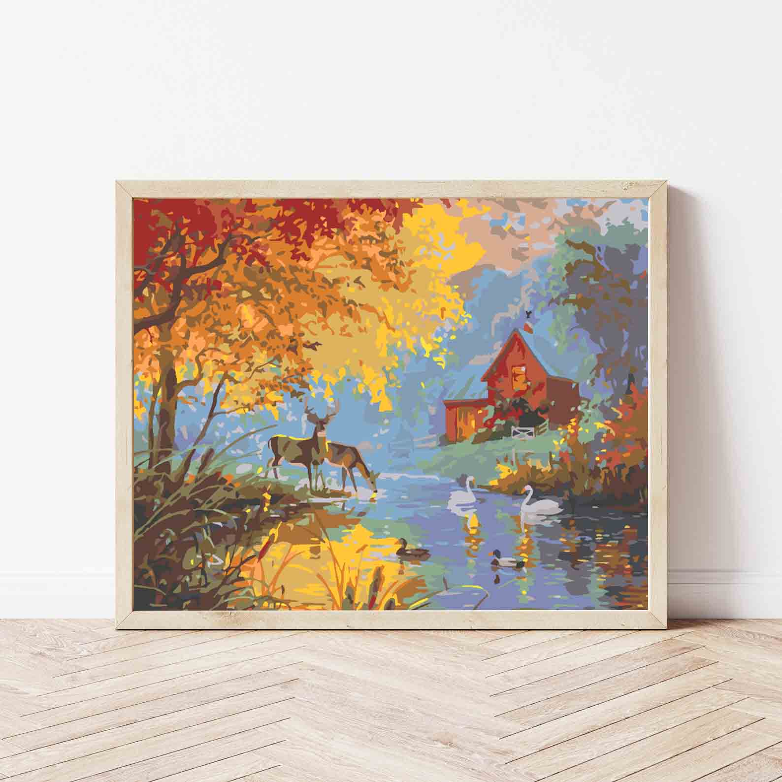 Set pictura pe numere Peisaj de toamna cu caprioare 3712, panza bumbac ...