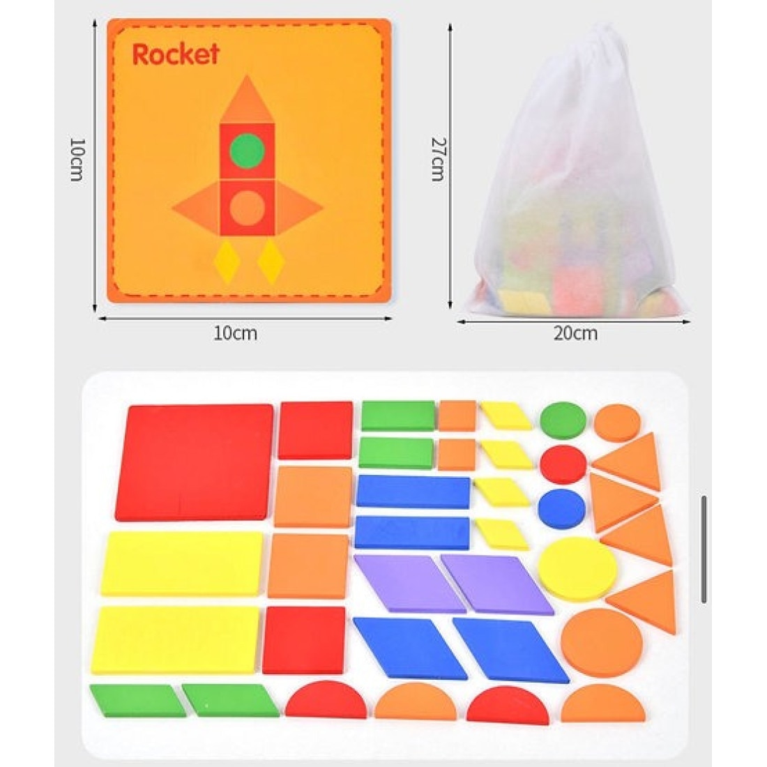 Дървена образователна игра Танграм с 37 разноцветни геометрични фигури ...