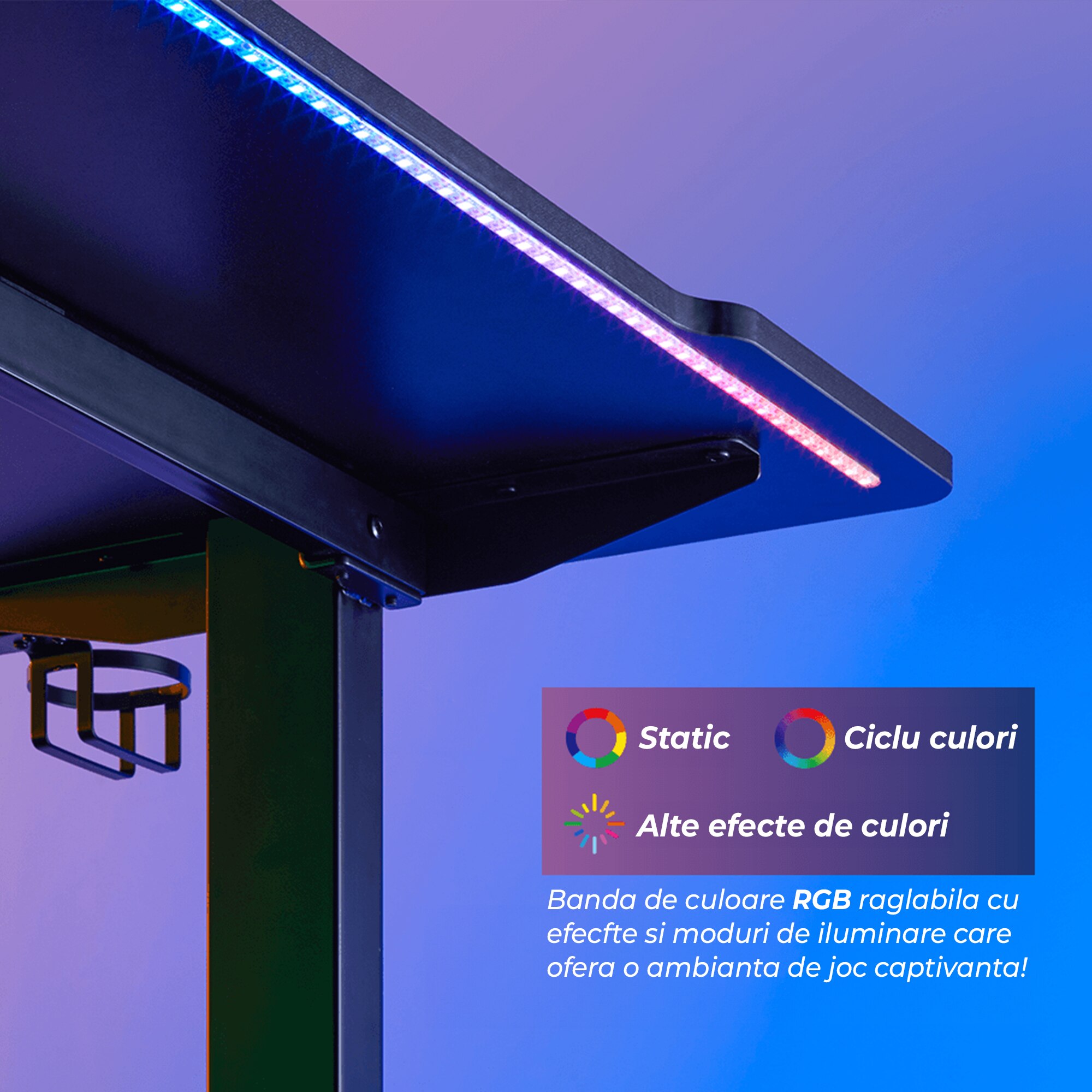 Birou Gaming StableDesk Arena RGB, Iluminare LED, Suport pahar, Suport ...