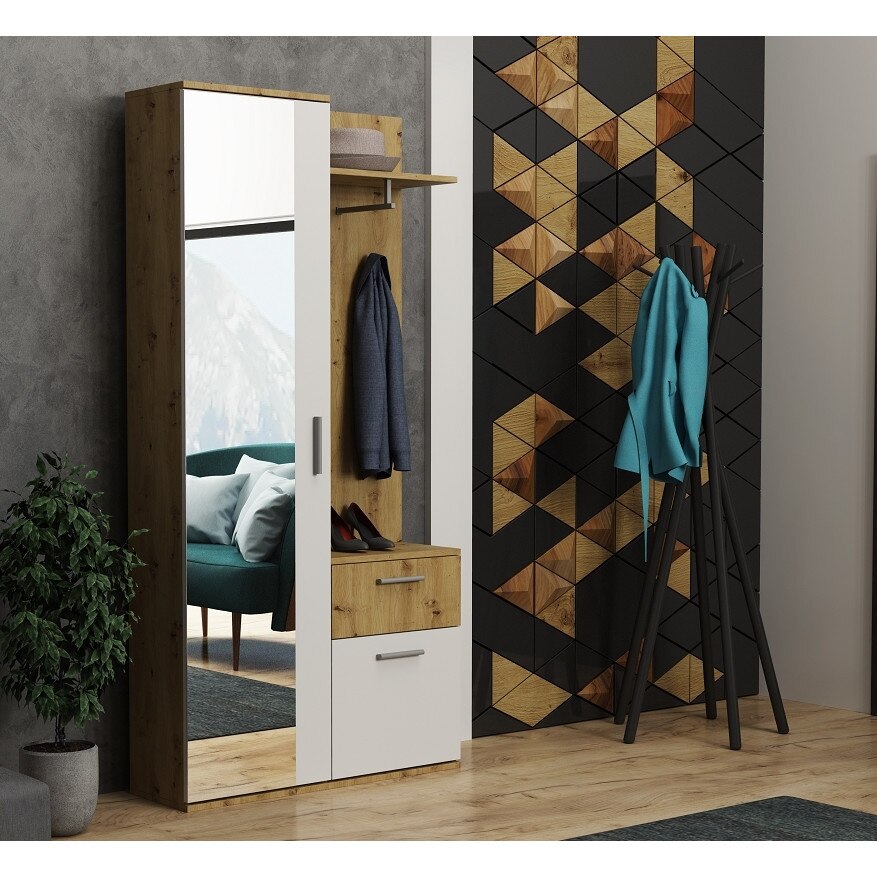 Set mobilier hol, cuier cu pantofar si dulap cu oglinda, stejar artisan ...