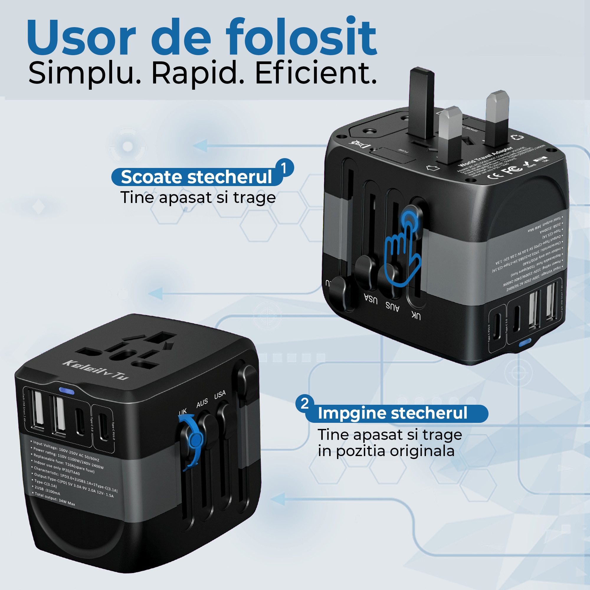 Adaptor incarcator universal priza de calatorie, Timebox, 2 x USB, 2 x ...