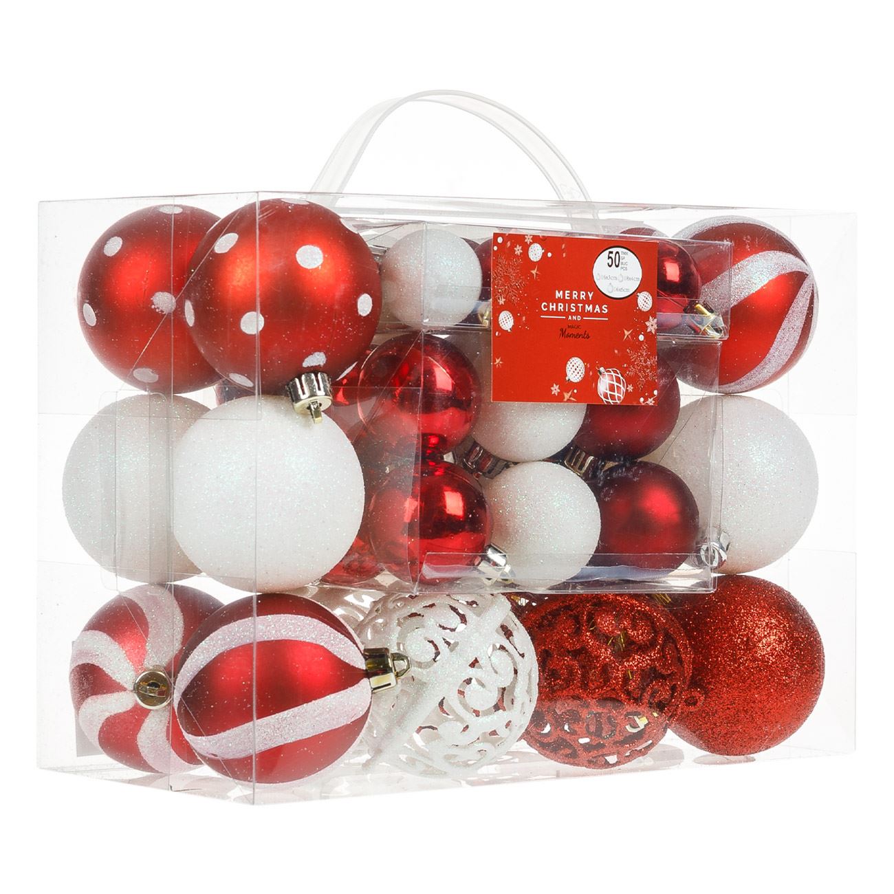 Set 50 de globuri rosii albe cu model lucios, mat cu sclipici sI cu ...