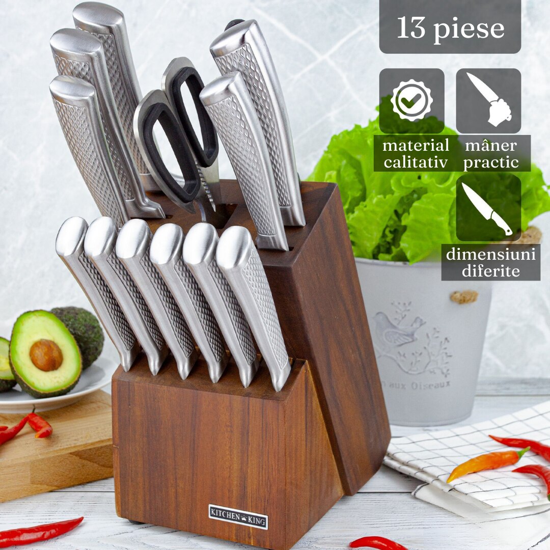 Set Cutite Zenino - 13 Piese, Suport Depozitare, Lemn Esenta Tare, Lama ...