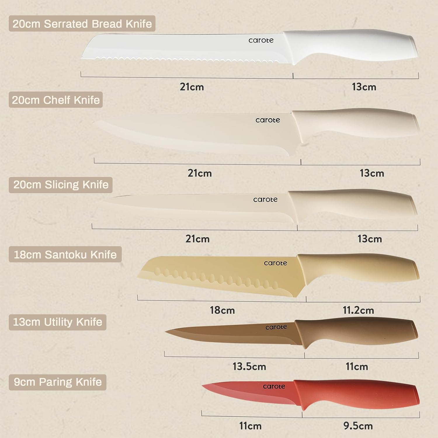 Set de cutite profesionale Carote, 12 piese, 6 cutite, lama din otel ...