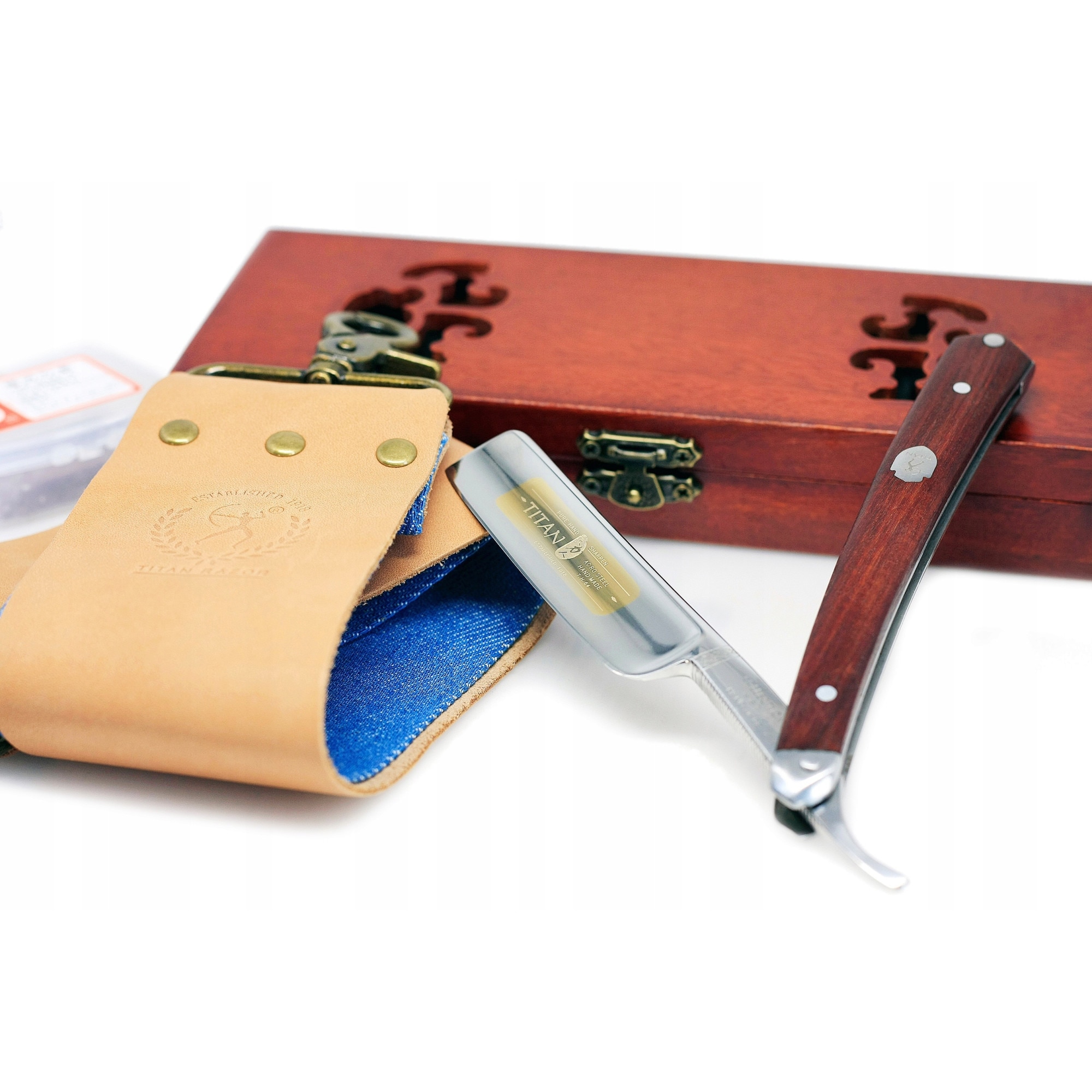 Set Brici clasic pentru barbierit, Titan, Inox/Lemn, Cutie si centura ...