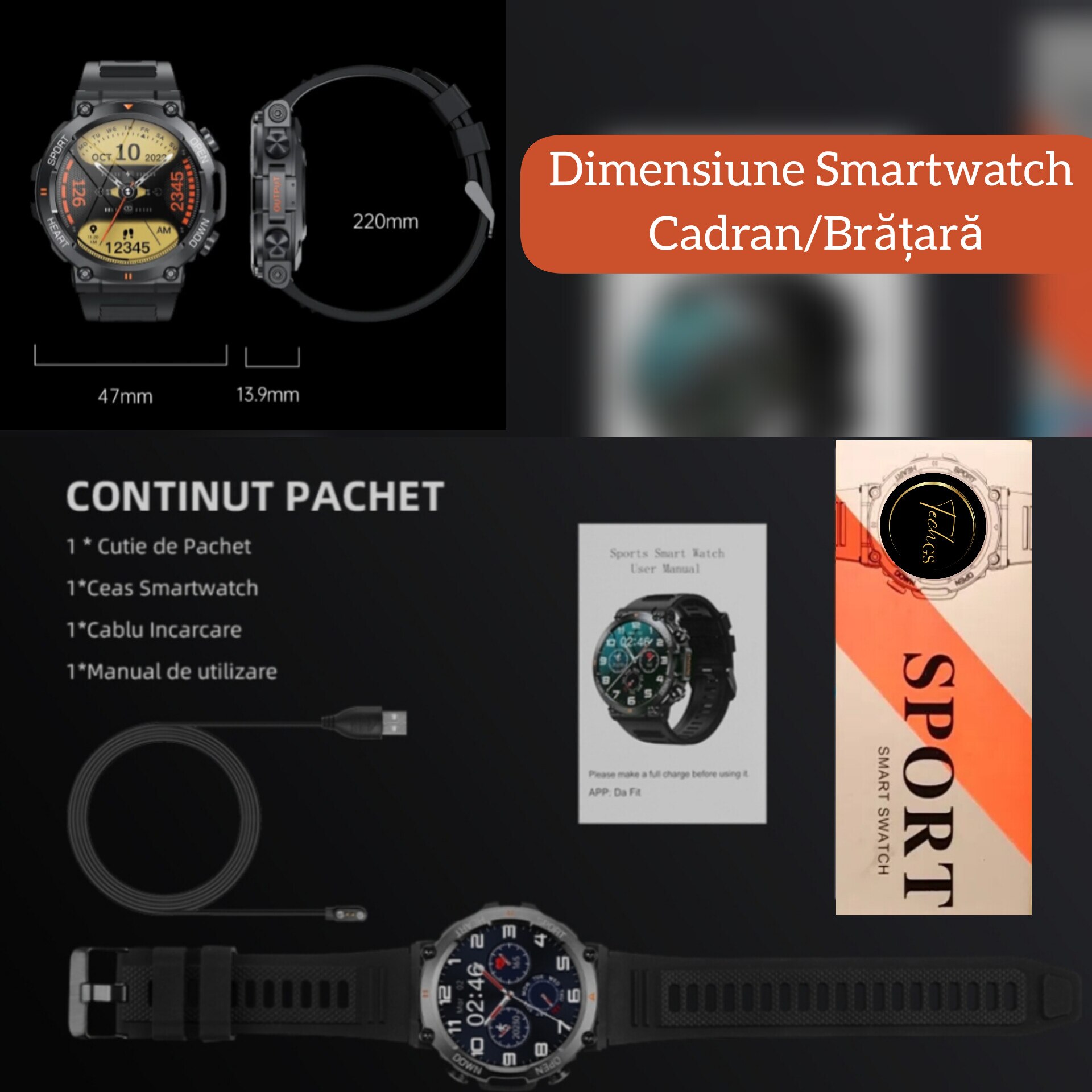 Ceas Smartwatch Barbati, Military Blade TechGS®, Ecran 1.39 inch ...