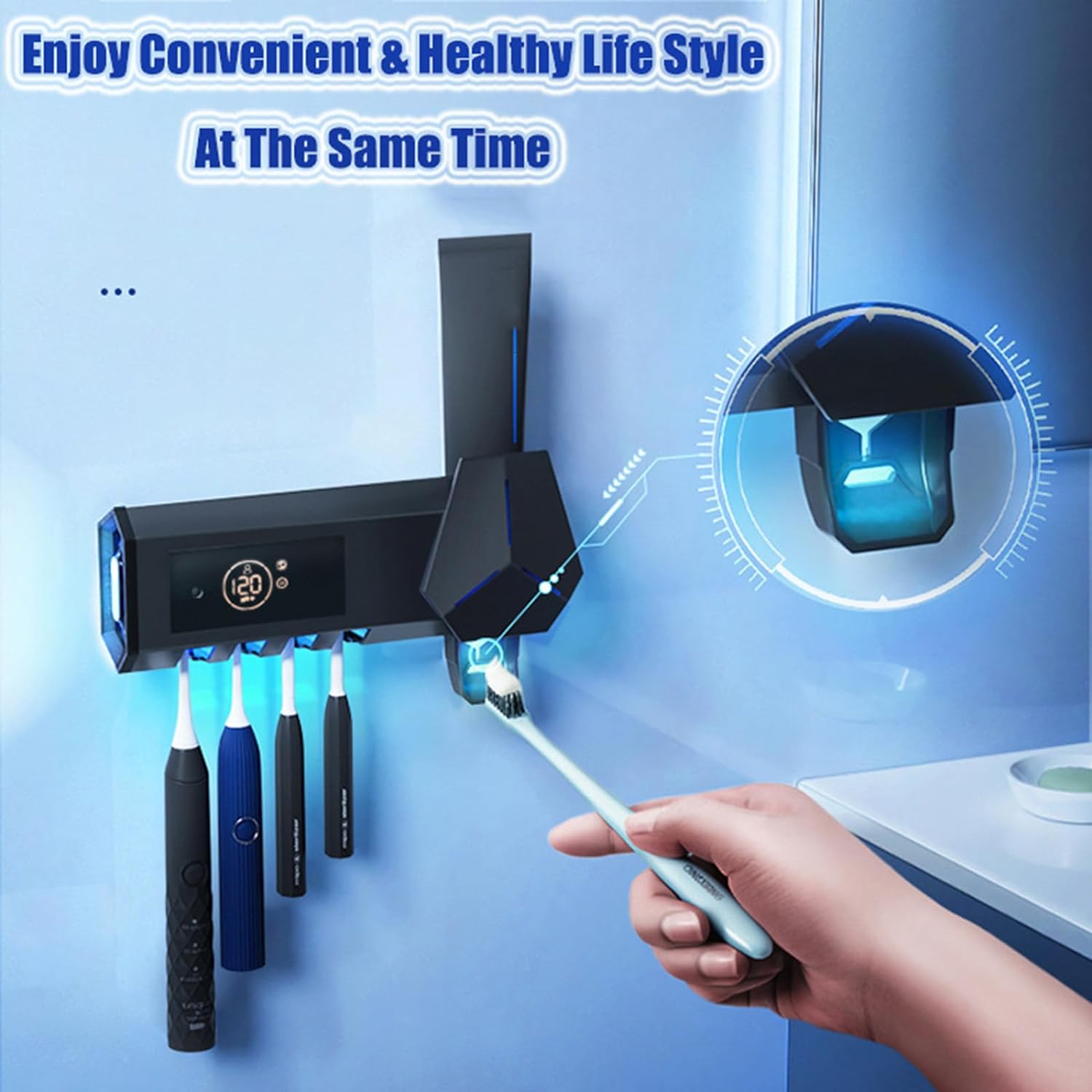 Sterilizator smart cu UVA si UVC pentru periute de dinti, dispenser ...