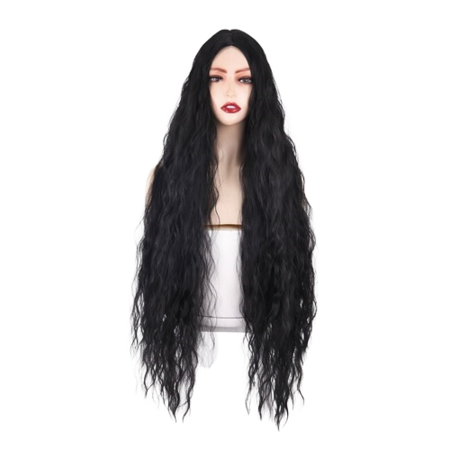 Peruca Neagra creata, lunga, fara breton, fibra sintetica cu aspect ...