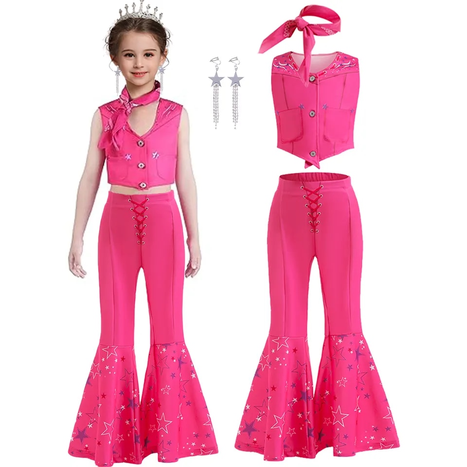 Costum Barbie fete cowgirl cu pantaloni vesta esarfa si cercei cu ...
