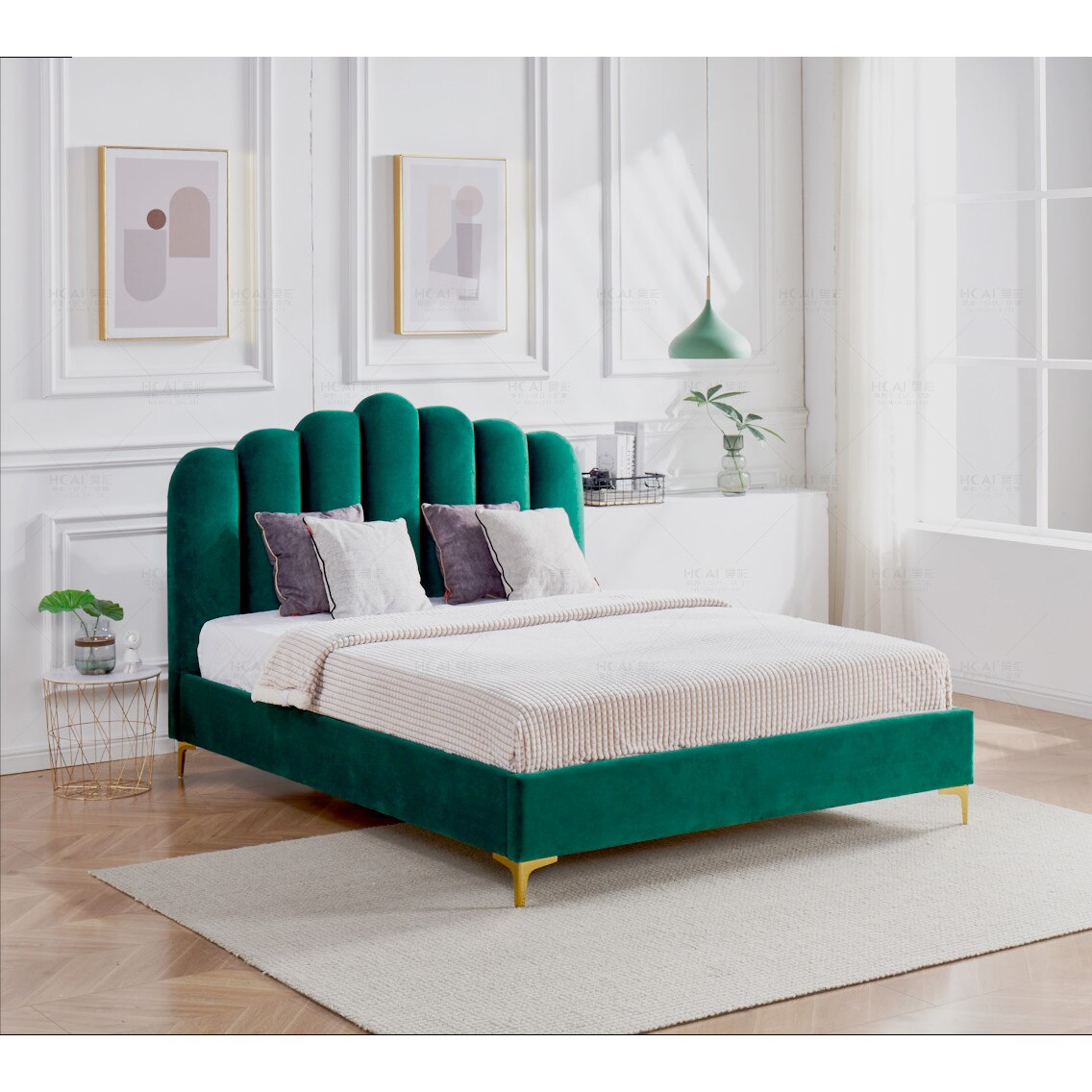 Pat dublu 160x200 cm Model Cloud Tapitat Catifea Culoare Verde Somiera ...