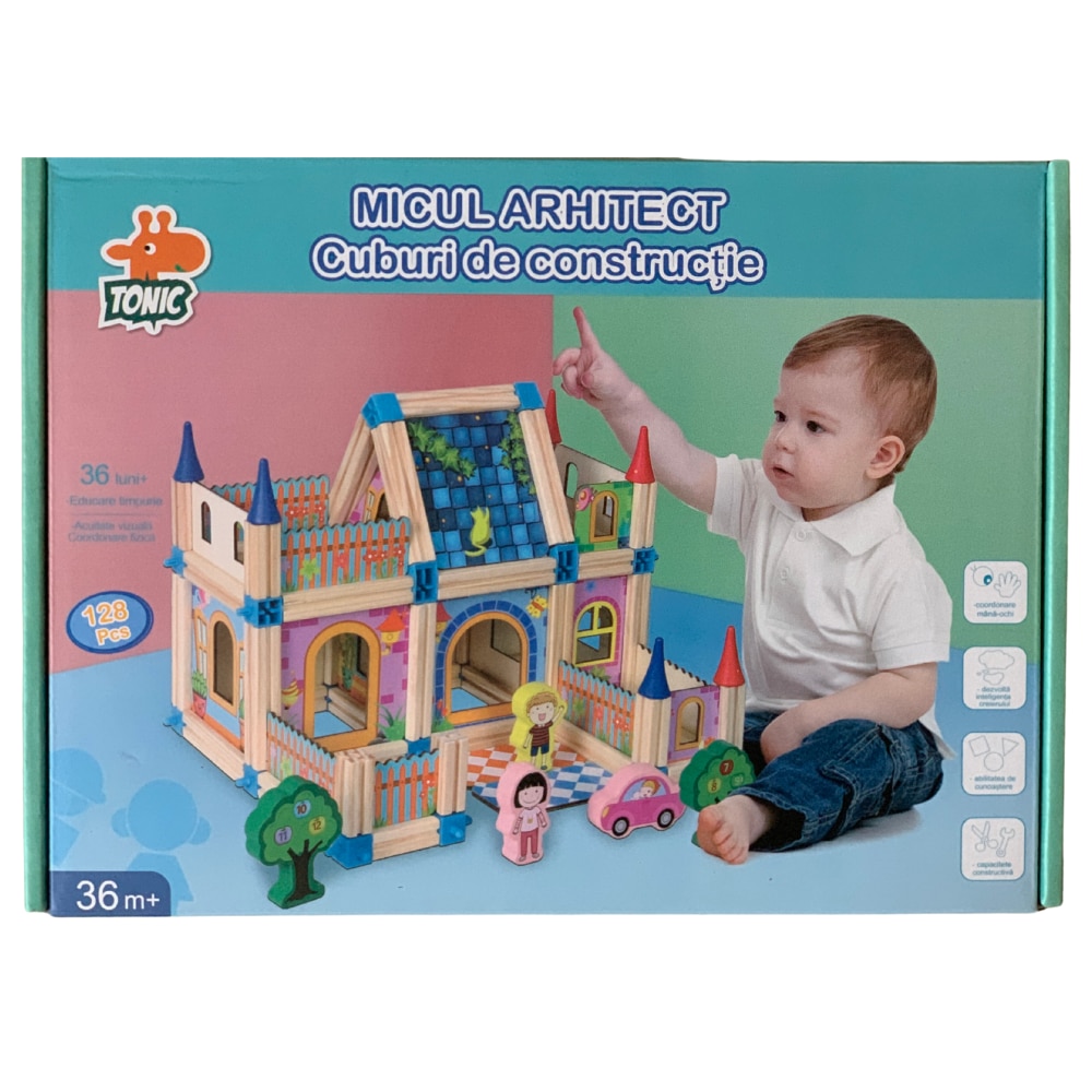 Set constructie din lemn cu 128 piese pentru copii, Micul Arhitect ...
