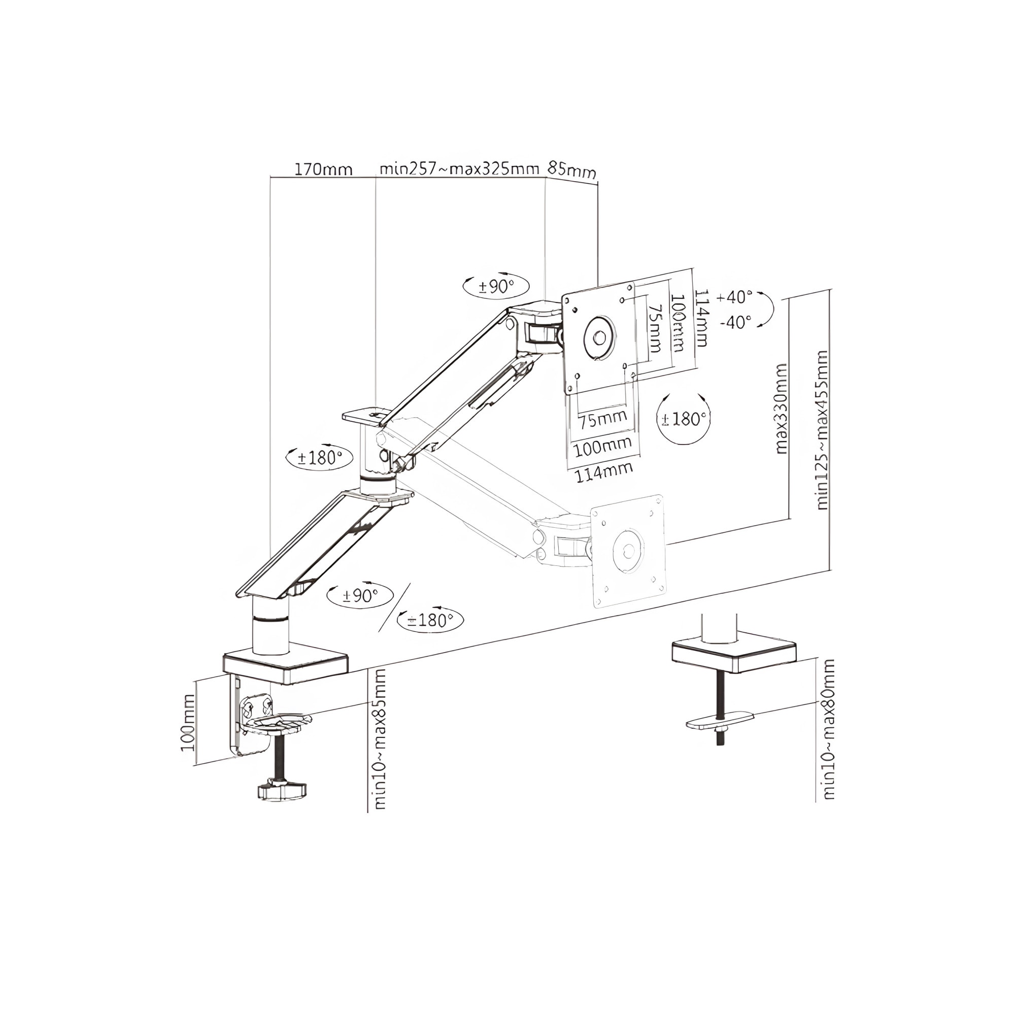 Brat singular pentru monitor cu arc pneumatic, HDWR SolidHand-AG01B ...