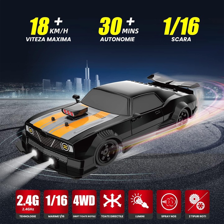 Masina cu telecomanda RC, Timebox, Drift car, 20km/h, lumini LED ...