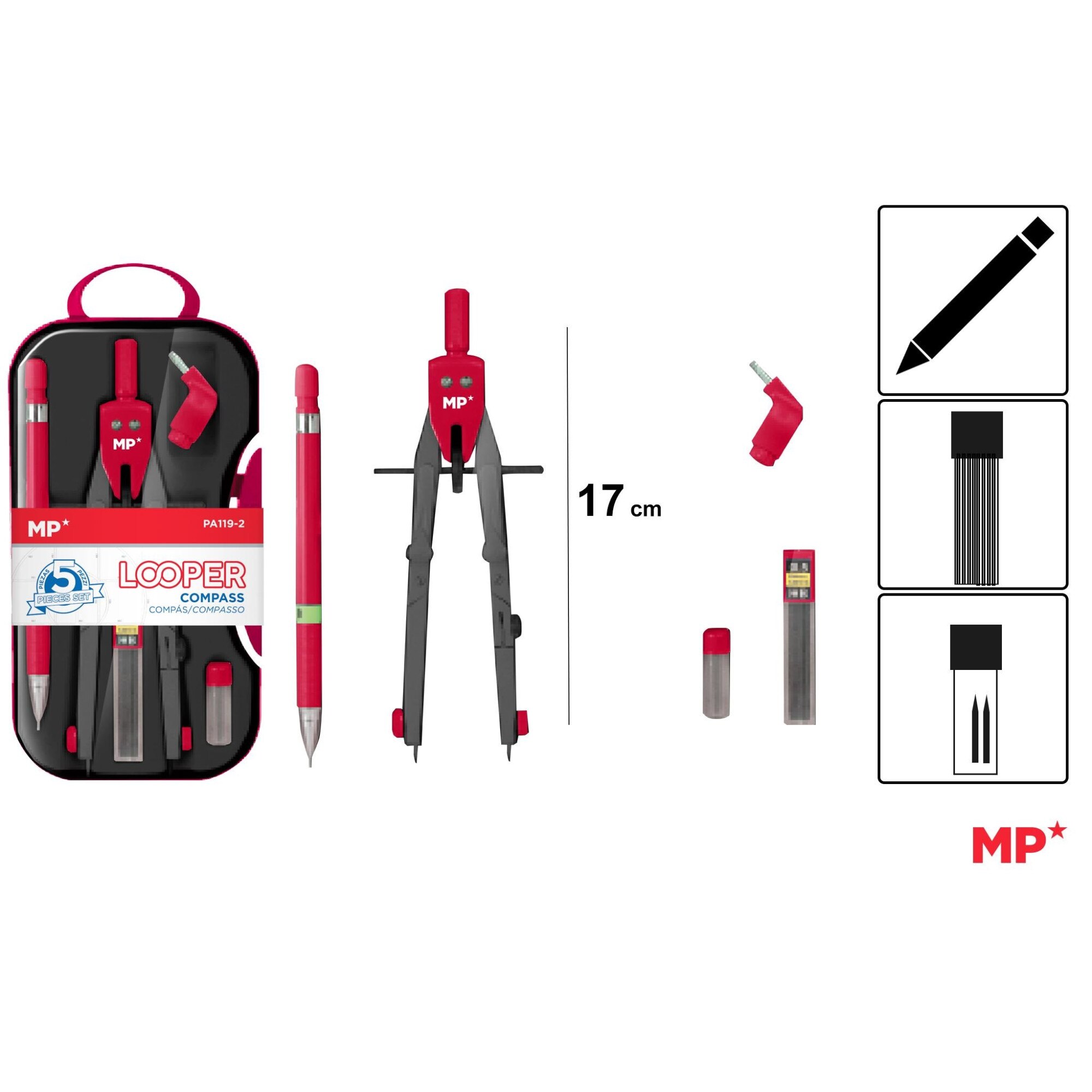 Trusa compas 5 piese creion mecanic, adaptor pentru markere, cutie de ...