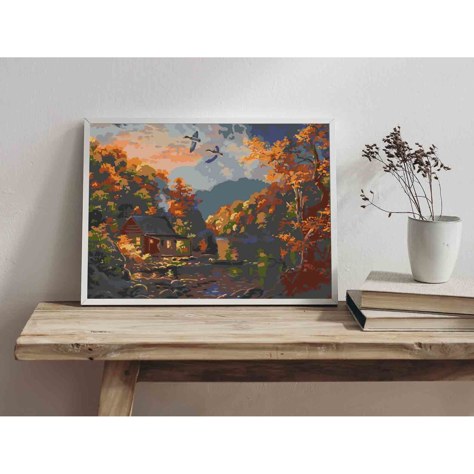 Set pictura pe numere Peisaj de toamna 3719, panza bumbac pe rama lemn ...