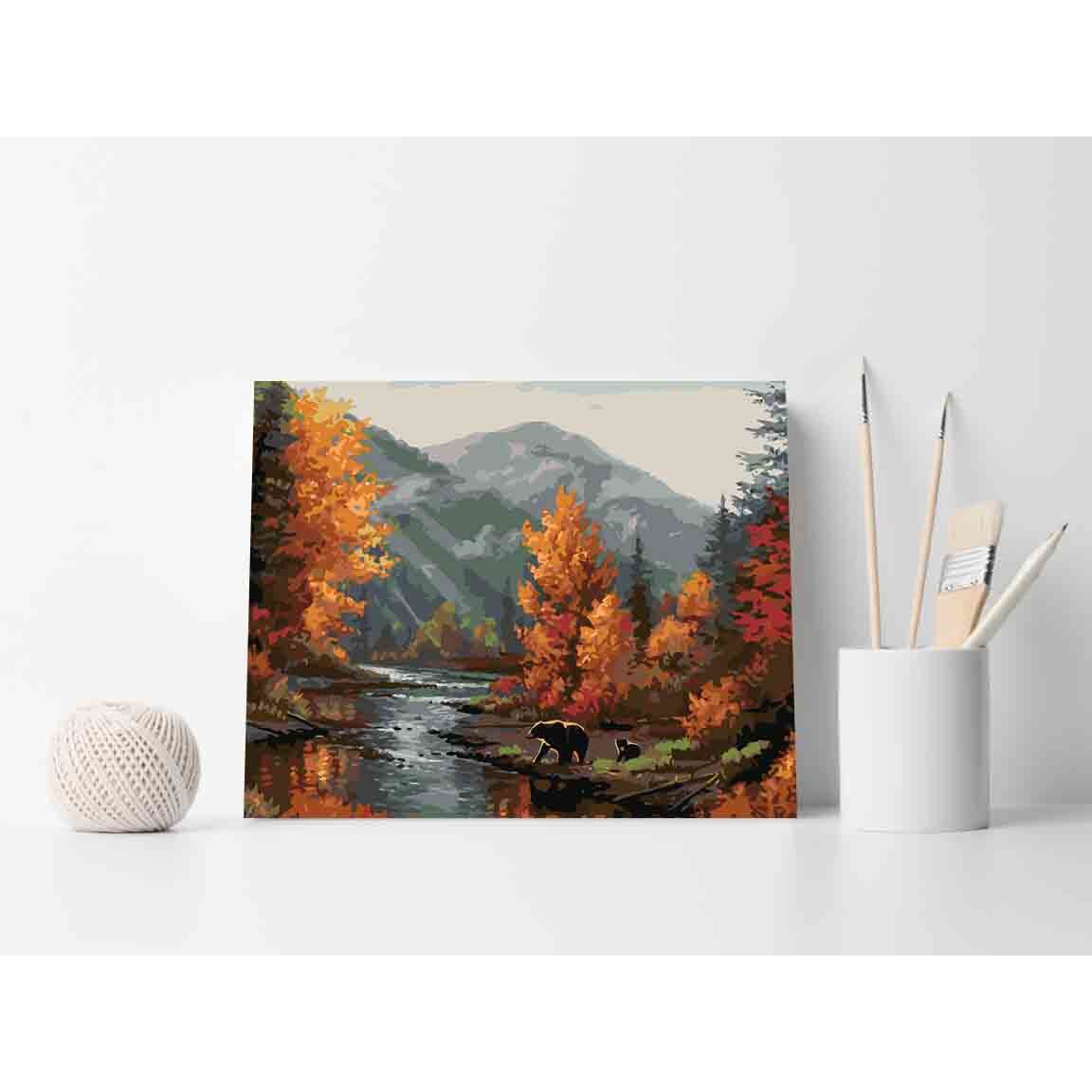 Set pictura pe numere Peisaj de toamna cu ursuleti 3728, panza bumbac ...