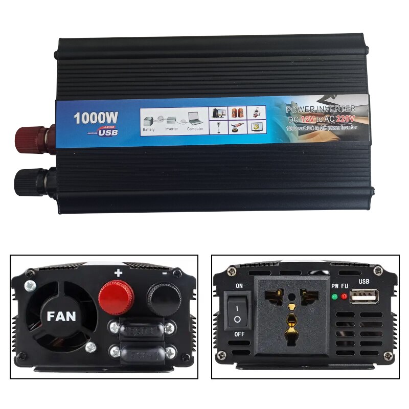 Invertor auto 1000W, DC 12V la AC 220V, unda sinusoidala modificata ...