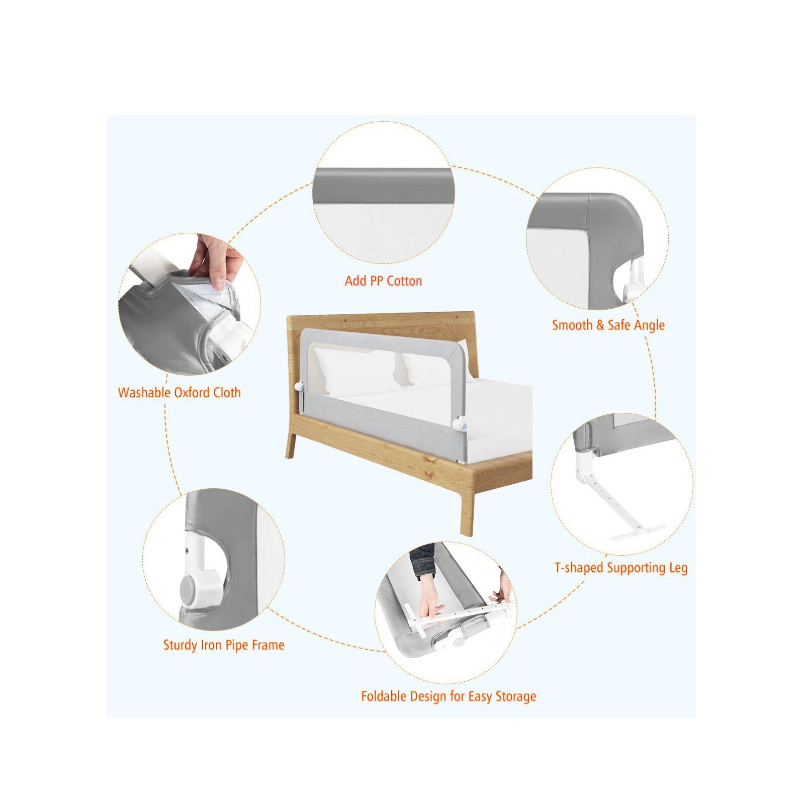 Protectie laterala pat pentru copii, WALALLA, Fier/Bumbac, 200cm, Gri ...