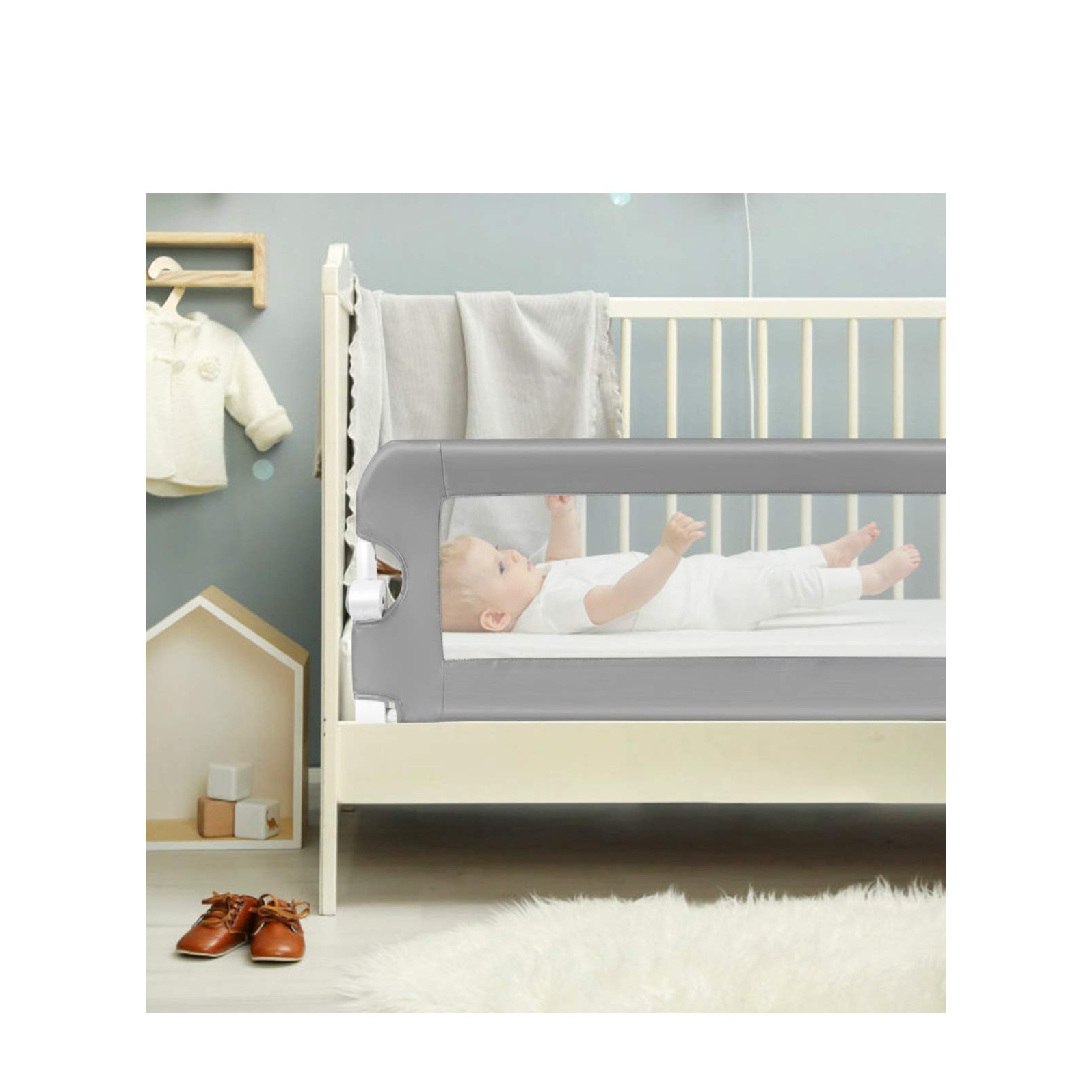 Protectie laterala pat pentru copii, WALALLA, Fier/Bumbac, 200cm, Gri ...