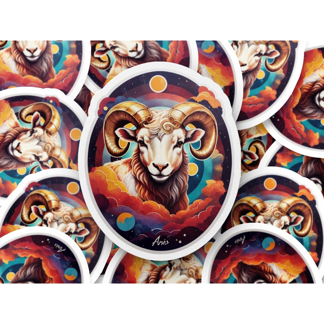 Set 2 bucati, Sticker decorativ, Cap de berbec si planete simbol zodia ...