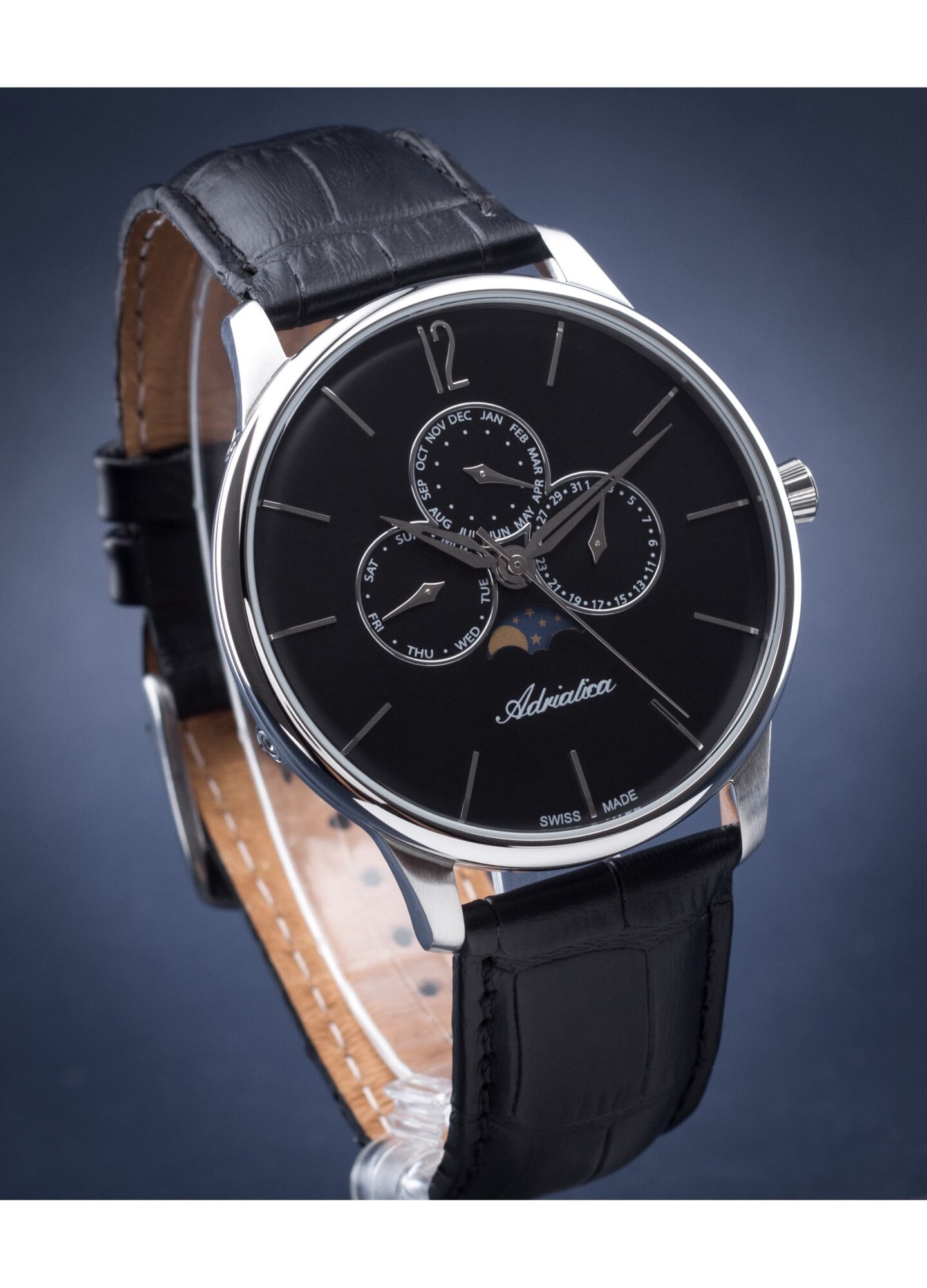 Ceas barbatesc, Adriatica, Inox/Piele naturala, Negru - eMAG.ro